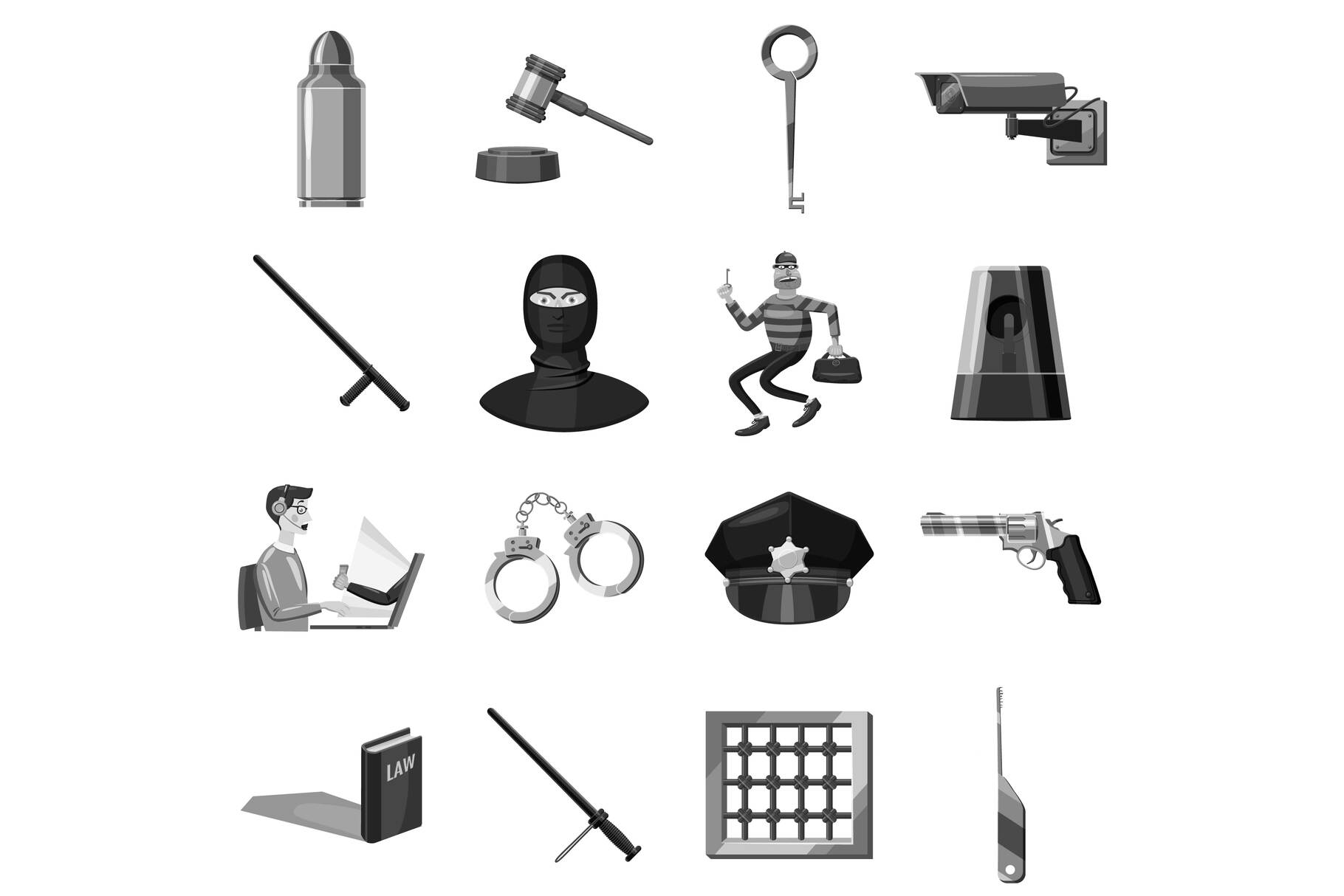 Criminal symbols icons set monochrome
