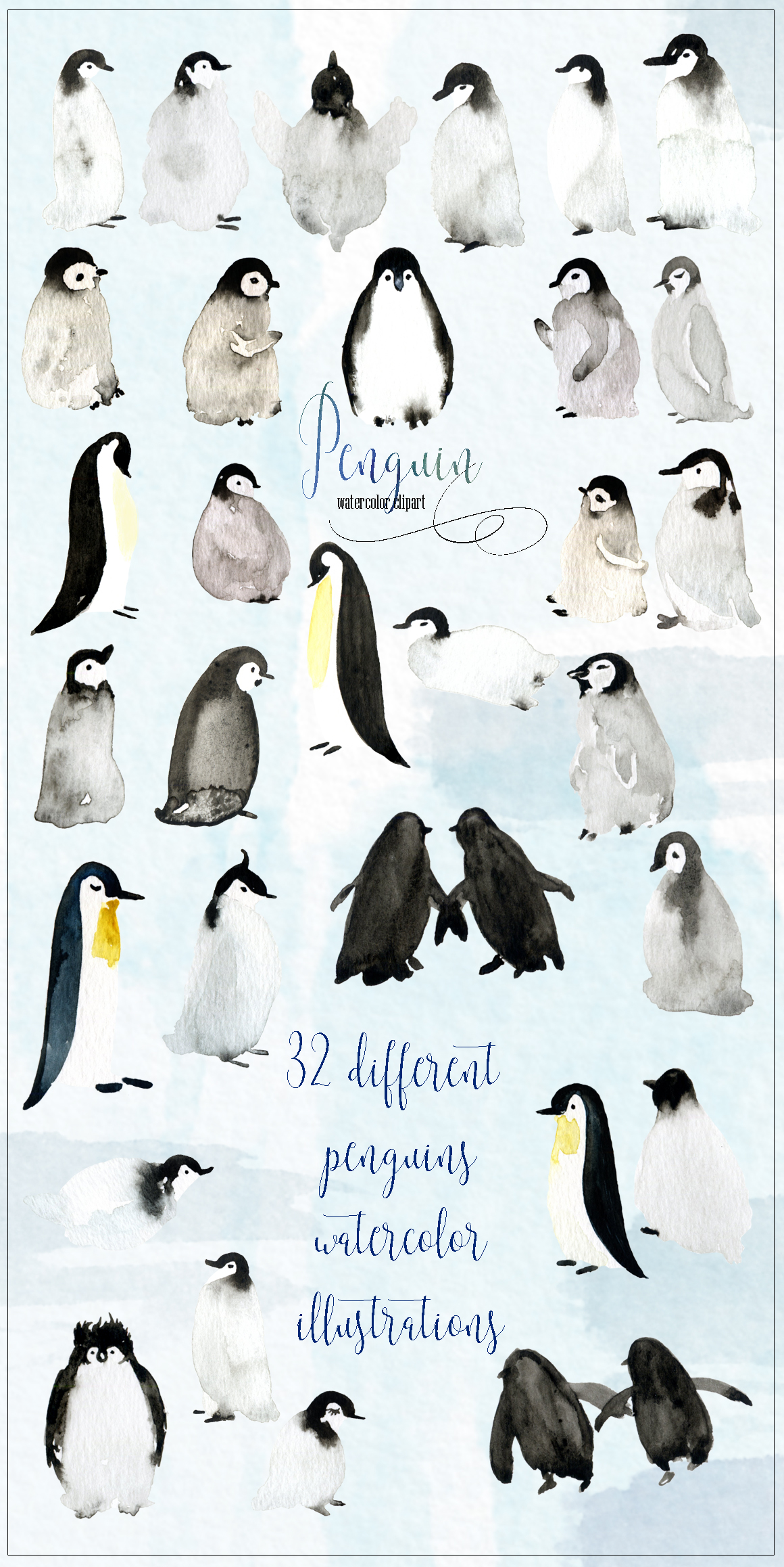 Penguins. Watercolor clipart (39305) | Illustrations | Design Bundles