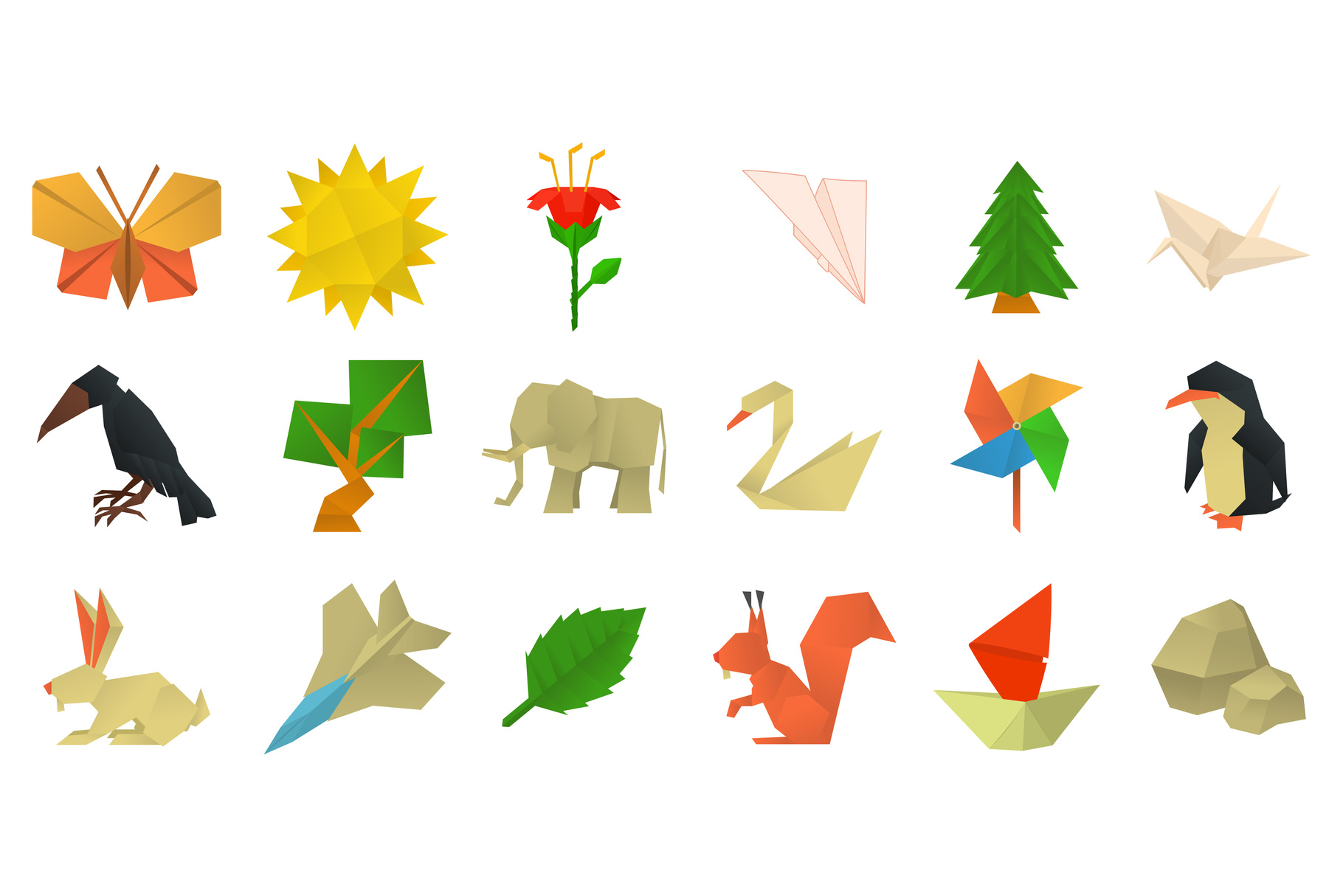 Origami icon set, cartoon style