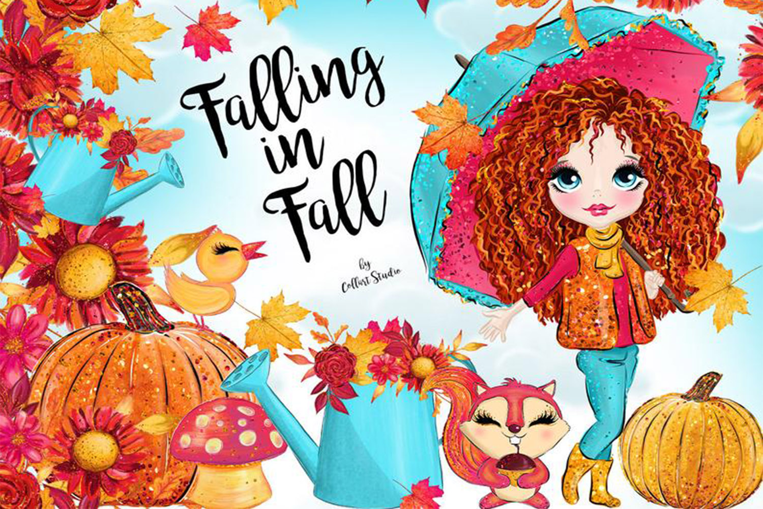 Autumn clipart, fall illustrations, cute girl clipart
