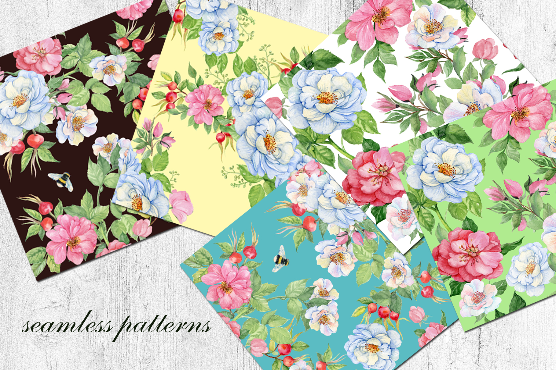 Wild rose, seamless patterns (76205) | Patterns | Design Bundles