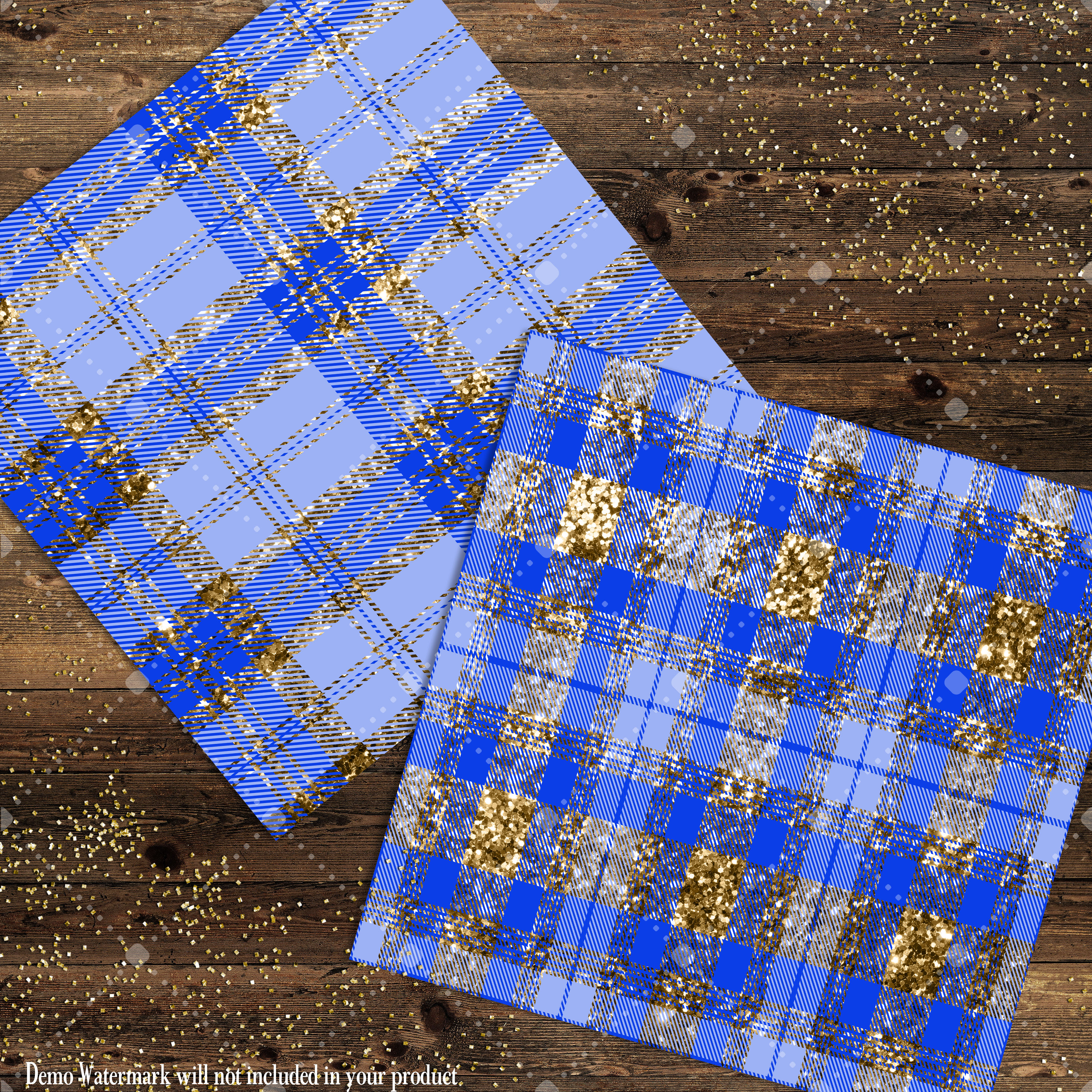16 Luxury Gold Royal Blue Glitter Plaid Tartan Digital Paper