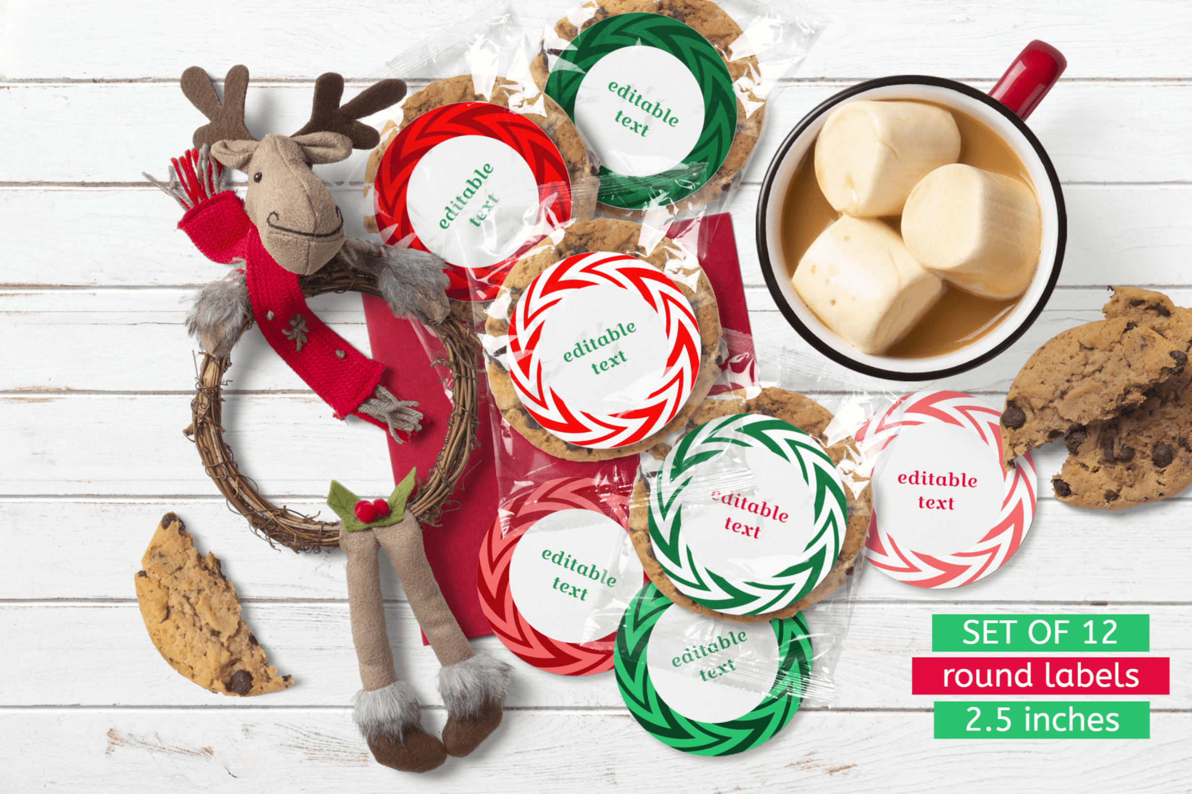 Round Christmas Labels 2.5 in Chevron Borders Editable PDF