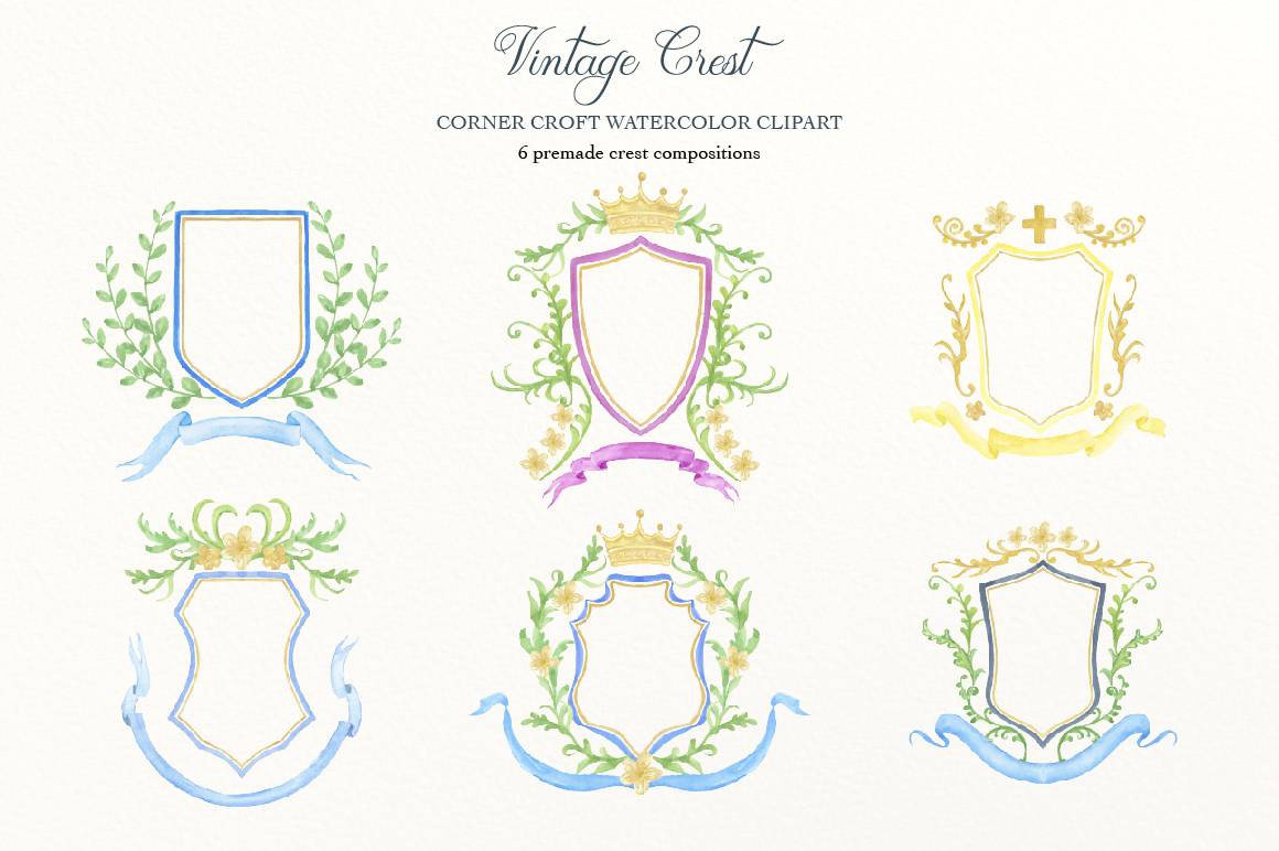 Watercolor Vintage Crest Clipart (325035) | Illustrations | Design Bundles