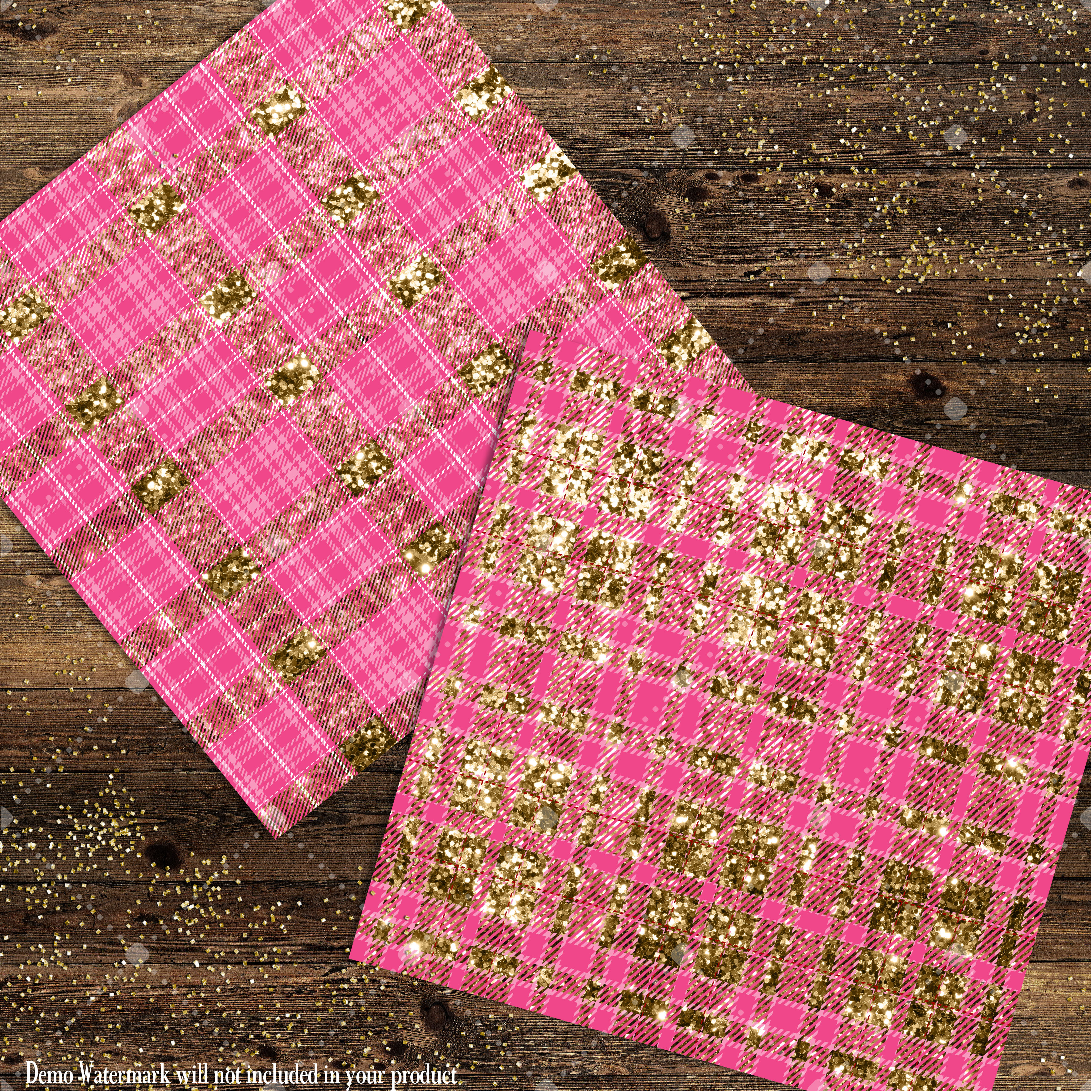 16 Luxury Gold and Pink Glitter Plaid Tartan Digital Papers