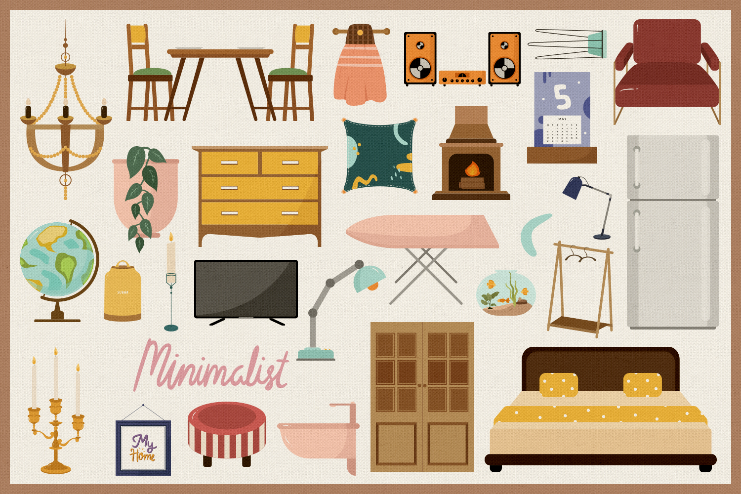 Home Interior Vector Clipart and Seamless Pattern