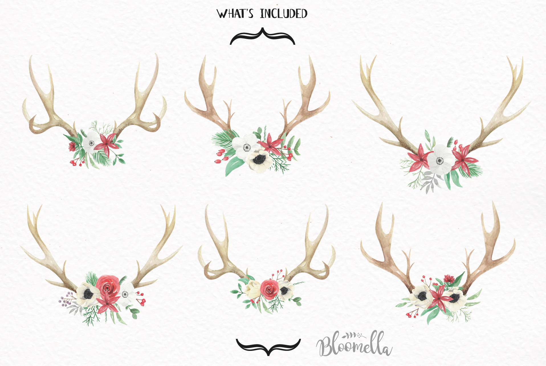 Watercolor Christmas Antler Clipart Bouquets Flowers Stag (156873 ...