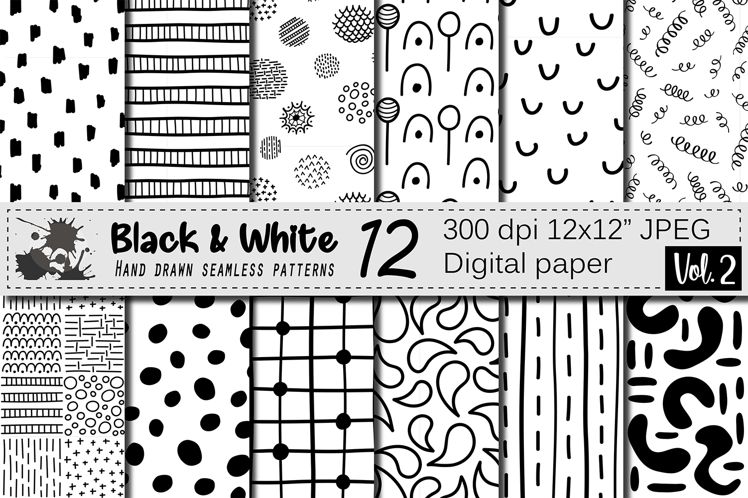 Black and White hand drawn seamless doodle digital papers (217937 ...