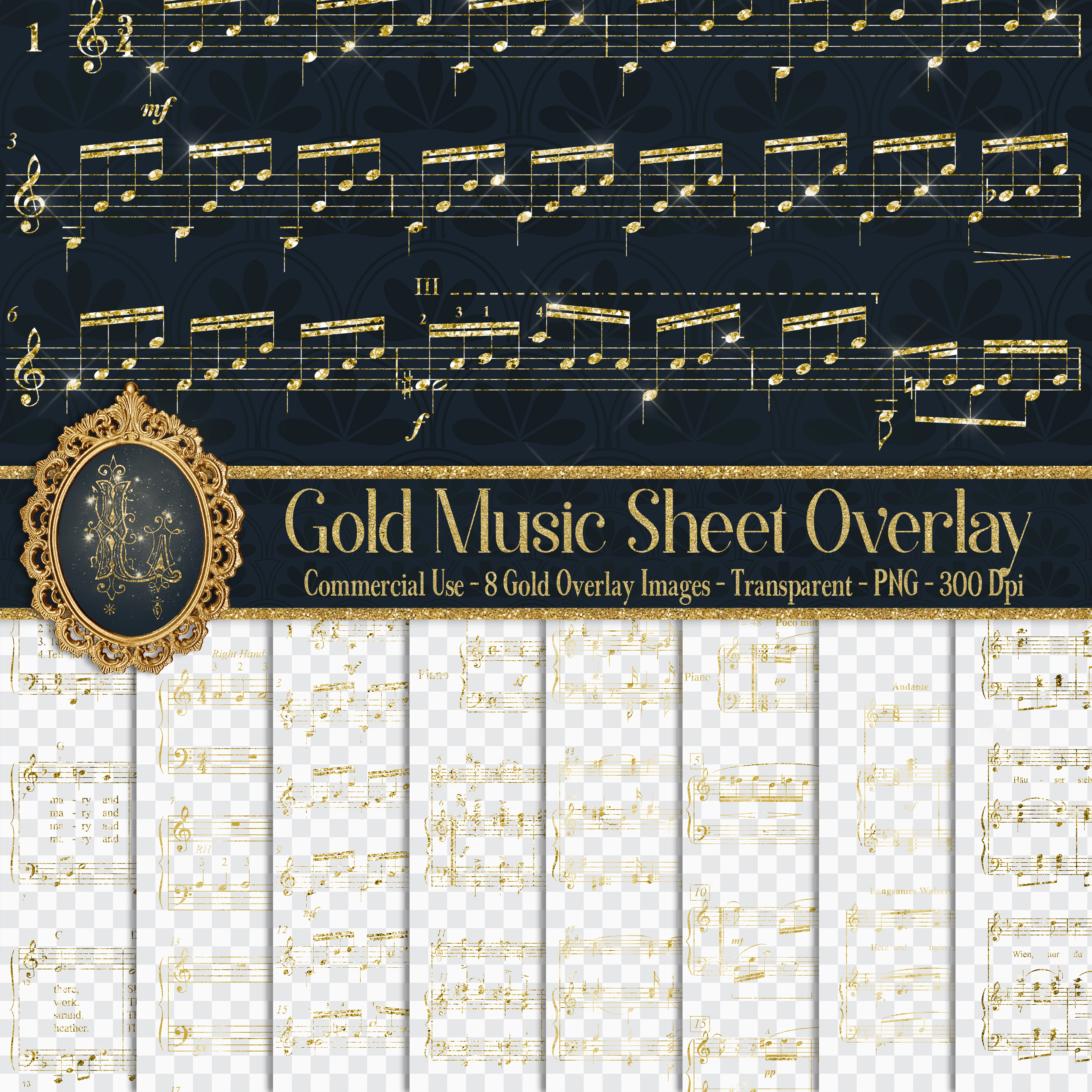 8 Gold Glitter Music Sheet Overlay Digital Papers