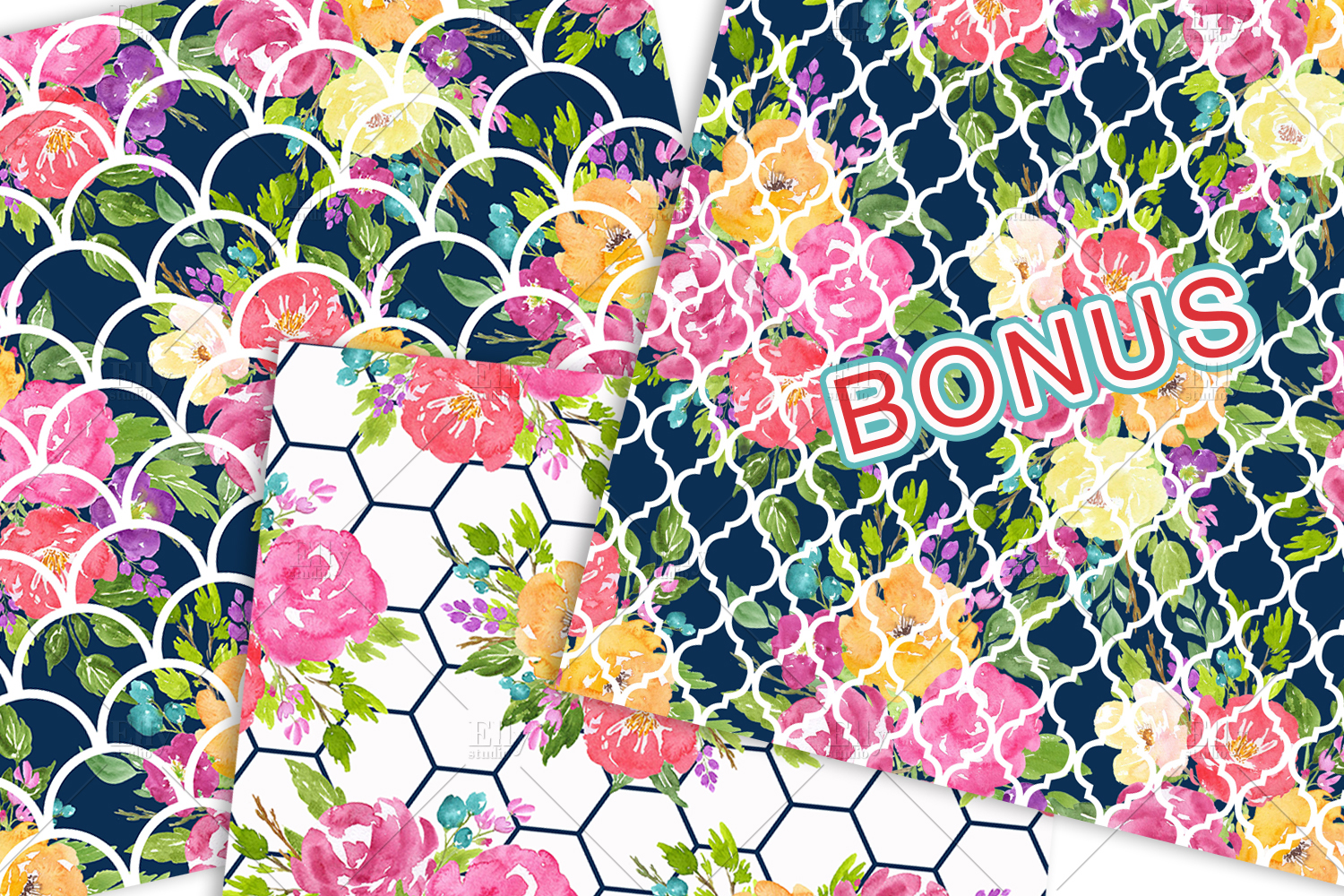 Watercolor floral digital paper - Summer