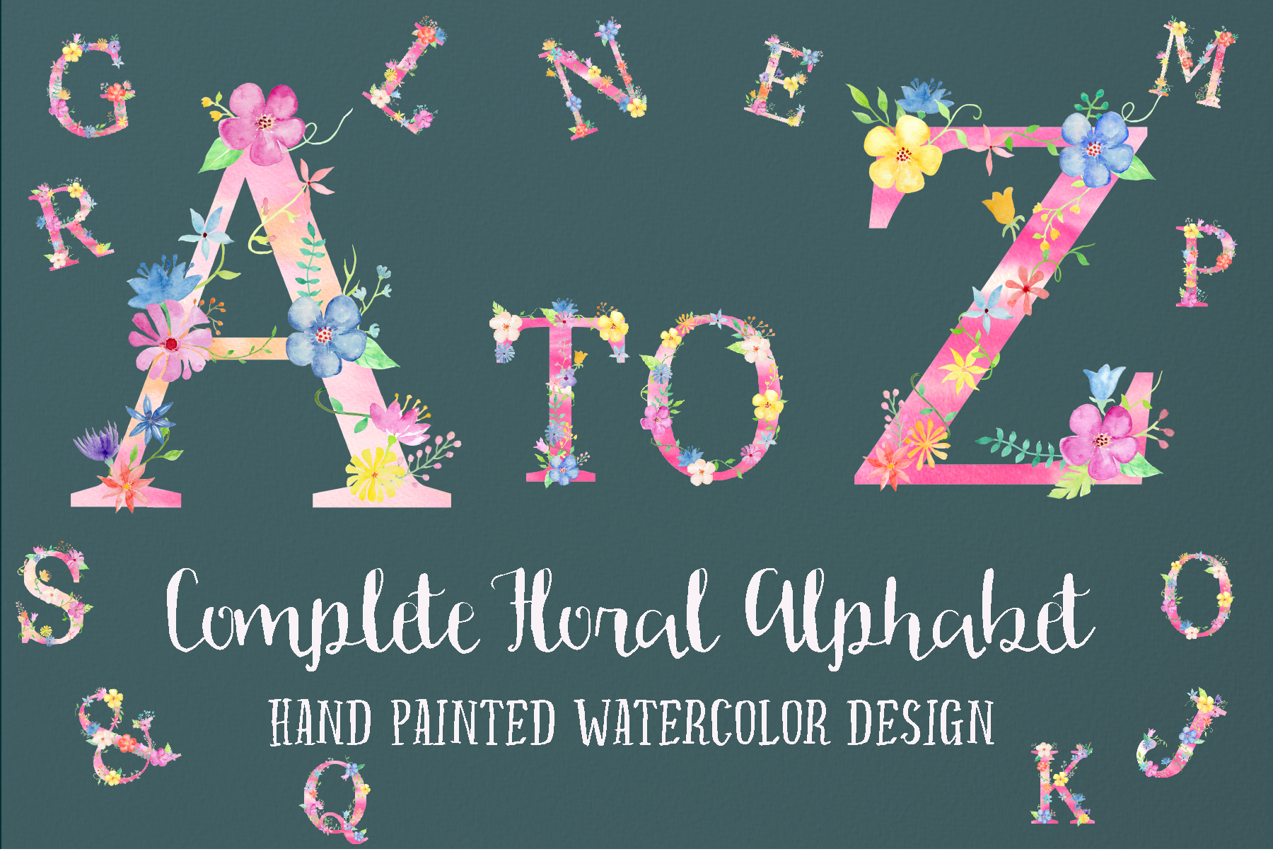 Watercolor floral alphabets, pink floral letters