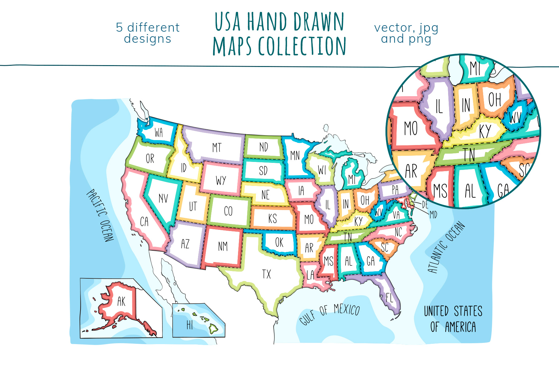 USA maps. Hand drawn collection (121531) | Illustrations | Design Bundles