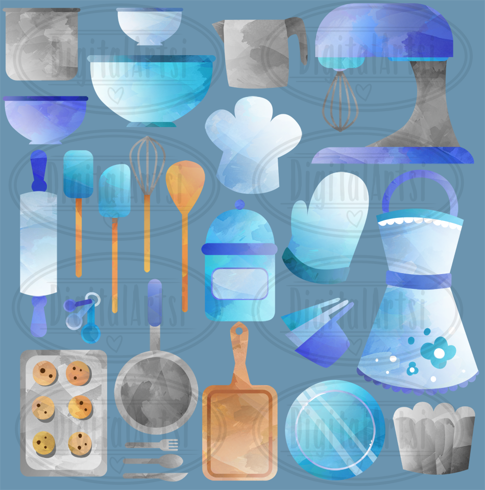 Watercolor Blue Cooking Supplies Clipart