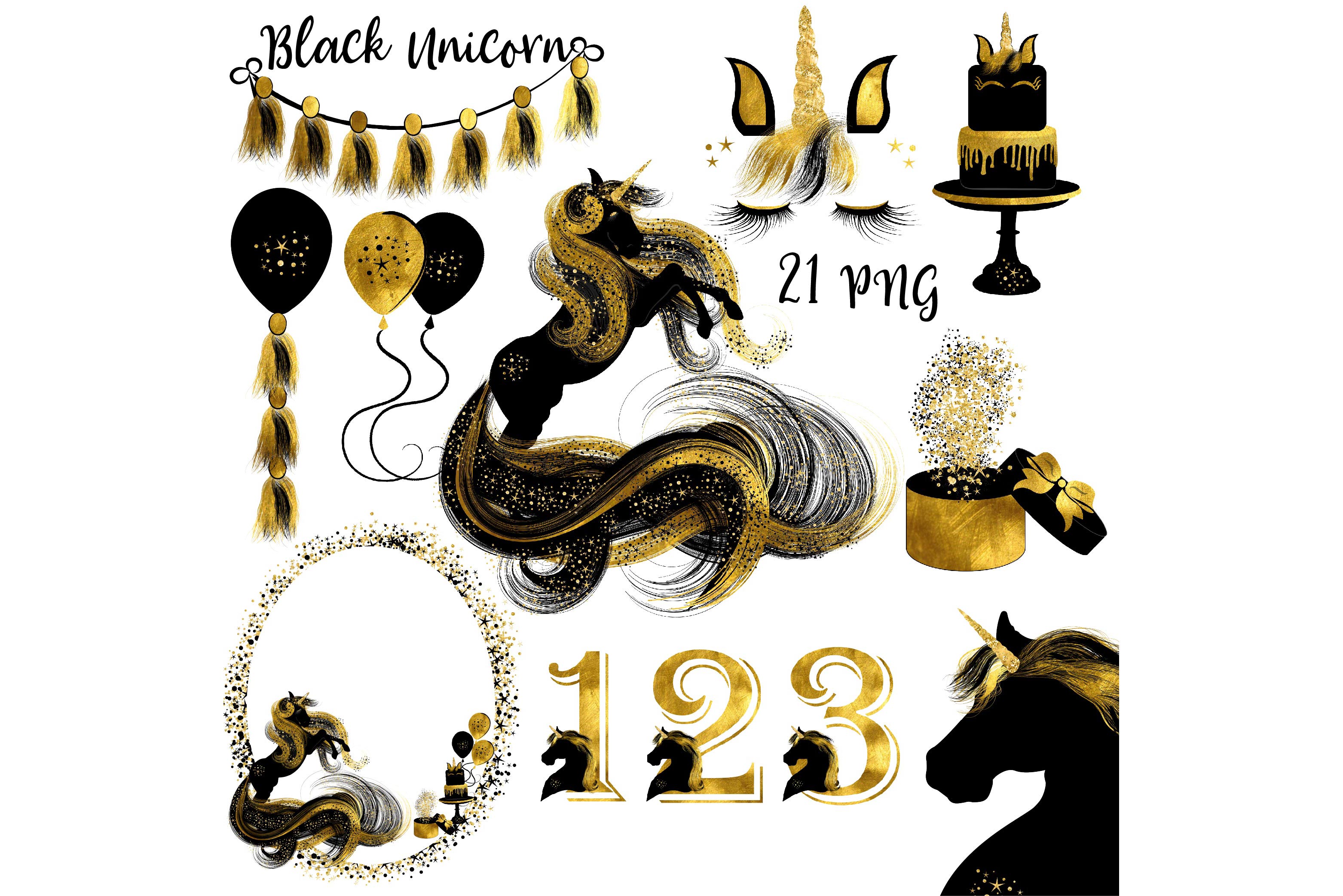 Black Unicorn Clipart (47369) | Illustrations | Design Bundles