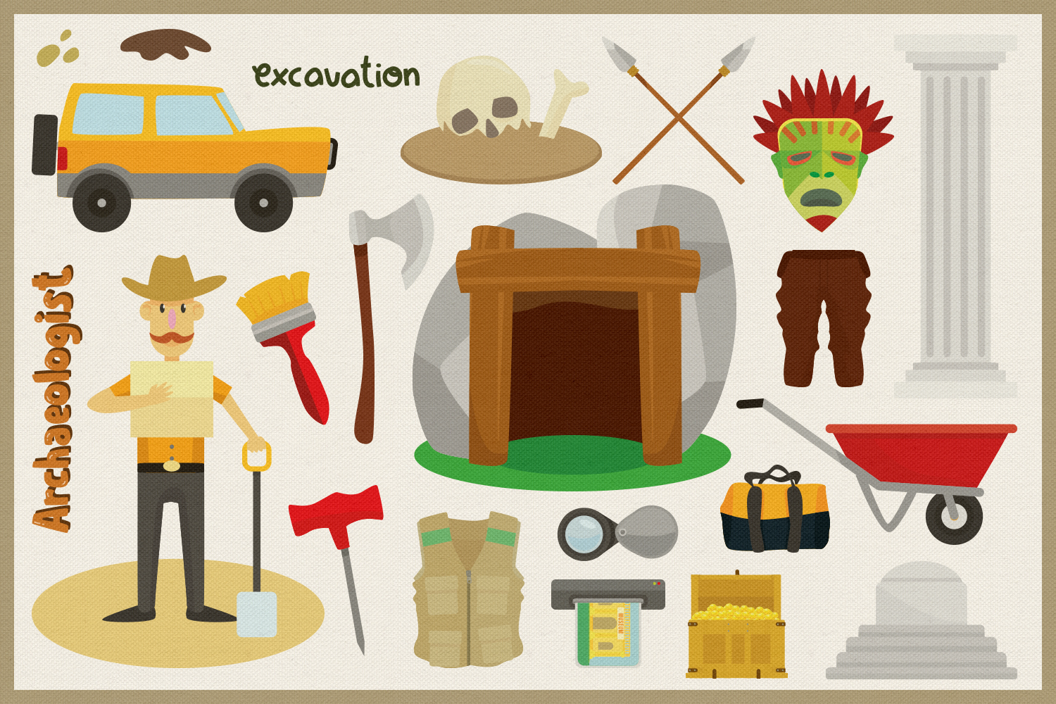 Archaeological Expedition Vector Clipart and SeamlessPattern