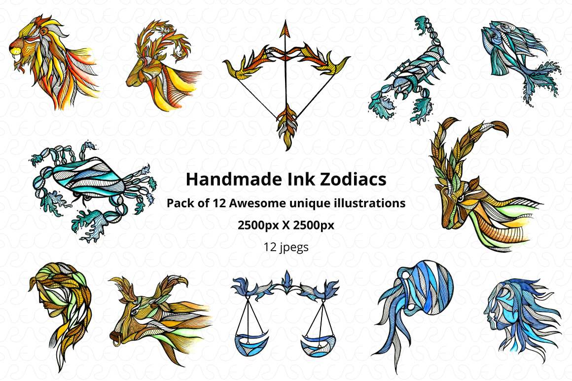 Handmade Ink Horoscope Zodiac Graphic Illustrations Set (235229 ...