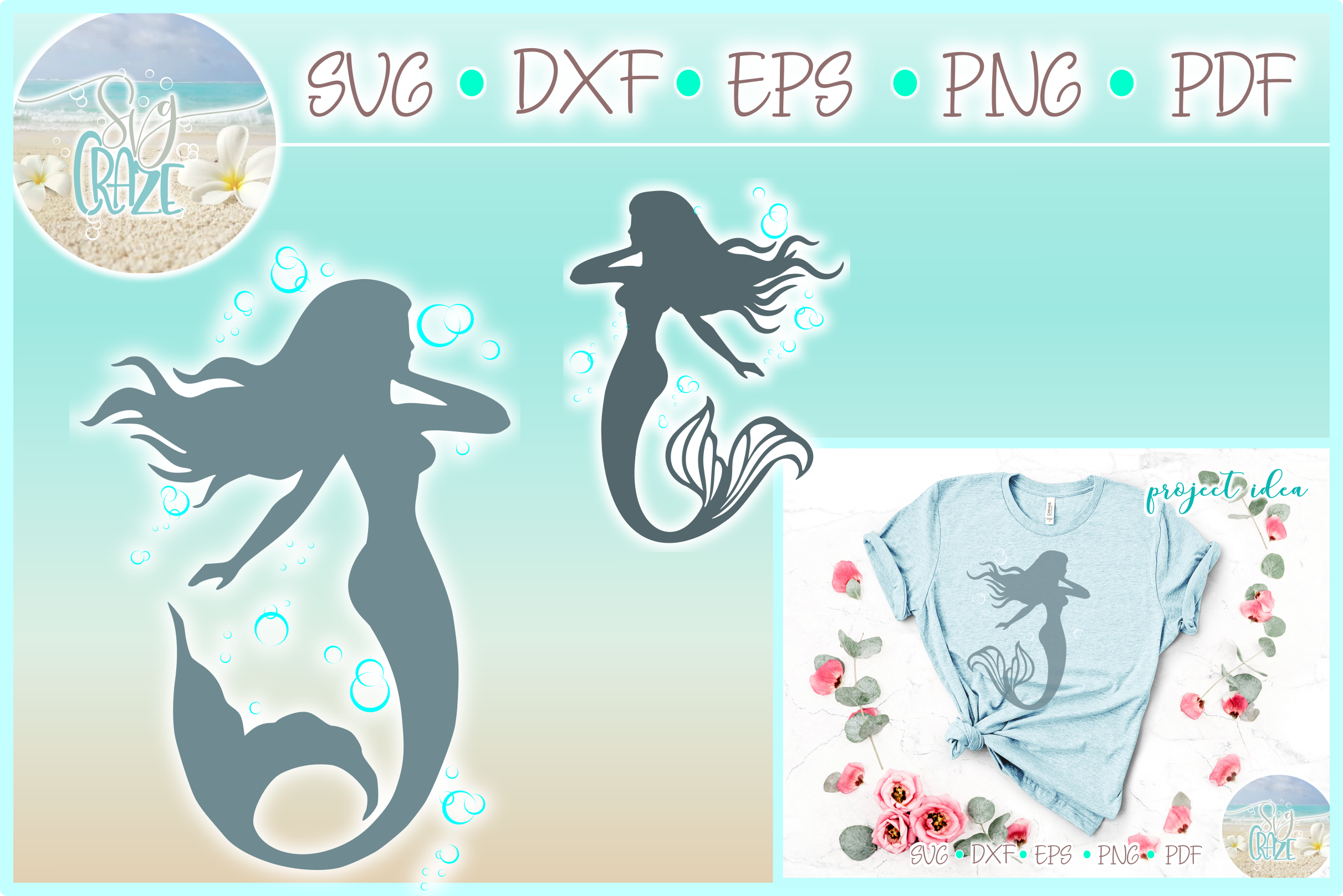 Mermaid And Bubbles Silhouette Svg Dxf Eps Png Pdf Files (200022 ...