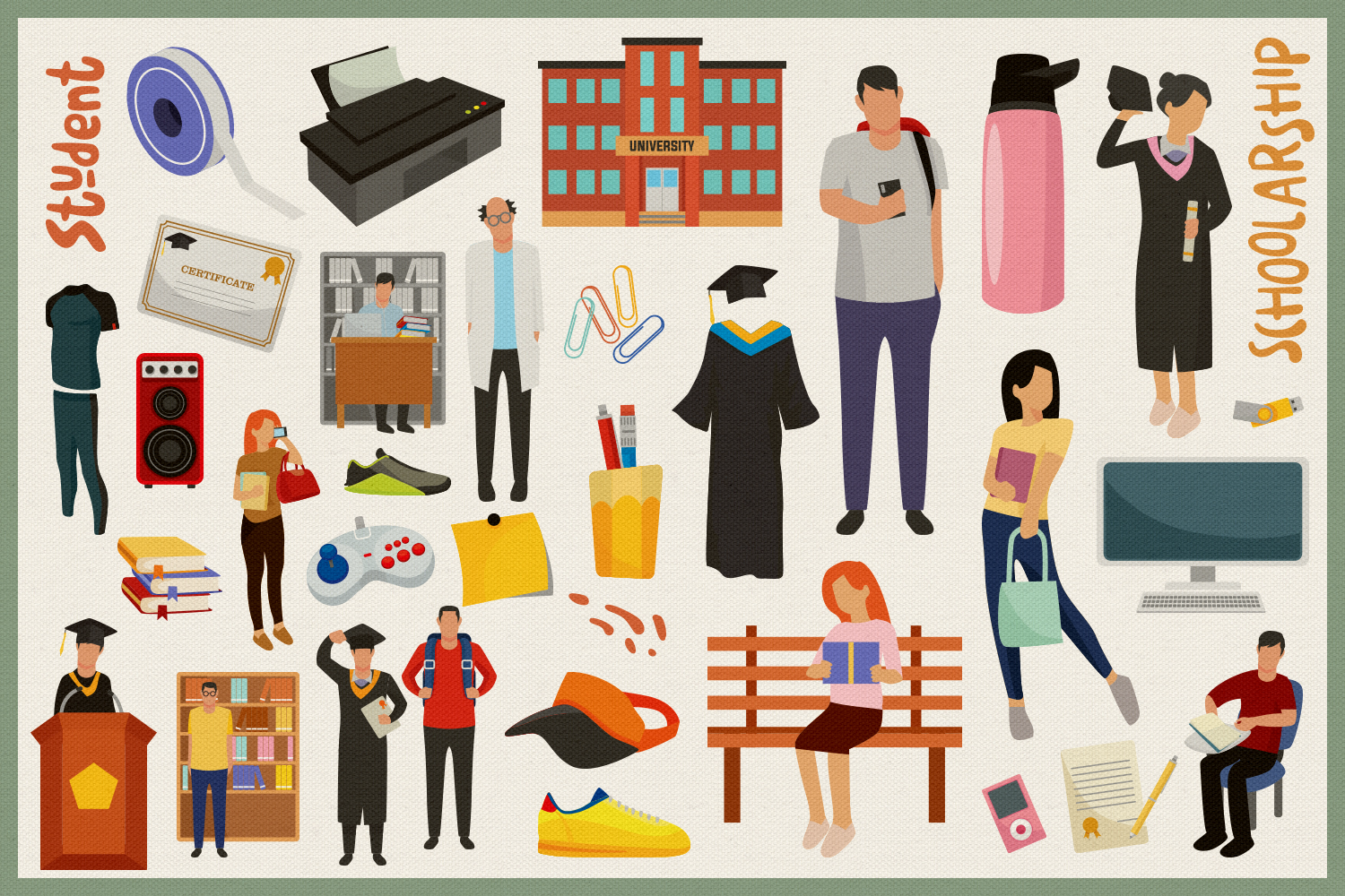 University Student Vector Clipart and Seamless Pattern