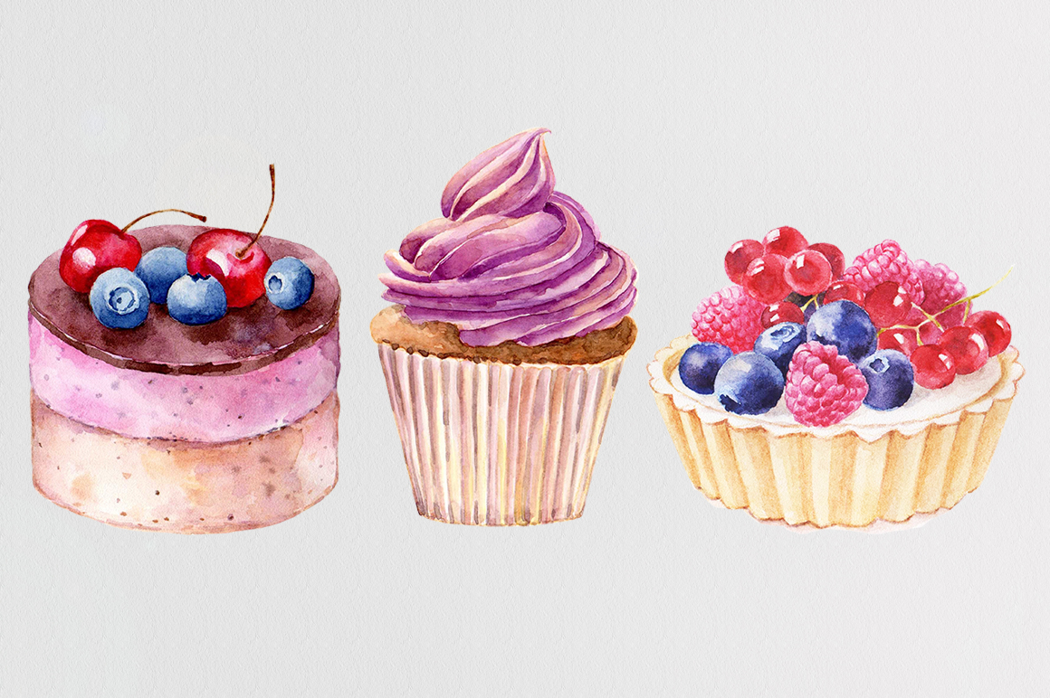 Watercolor cakes. Vector set (28213) | Illustrations | Design Bundles