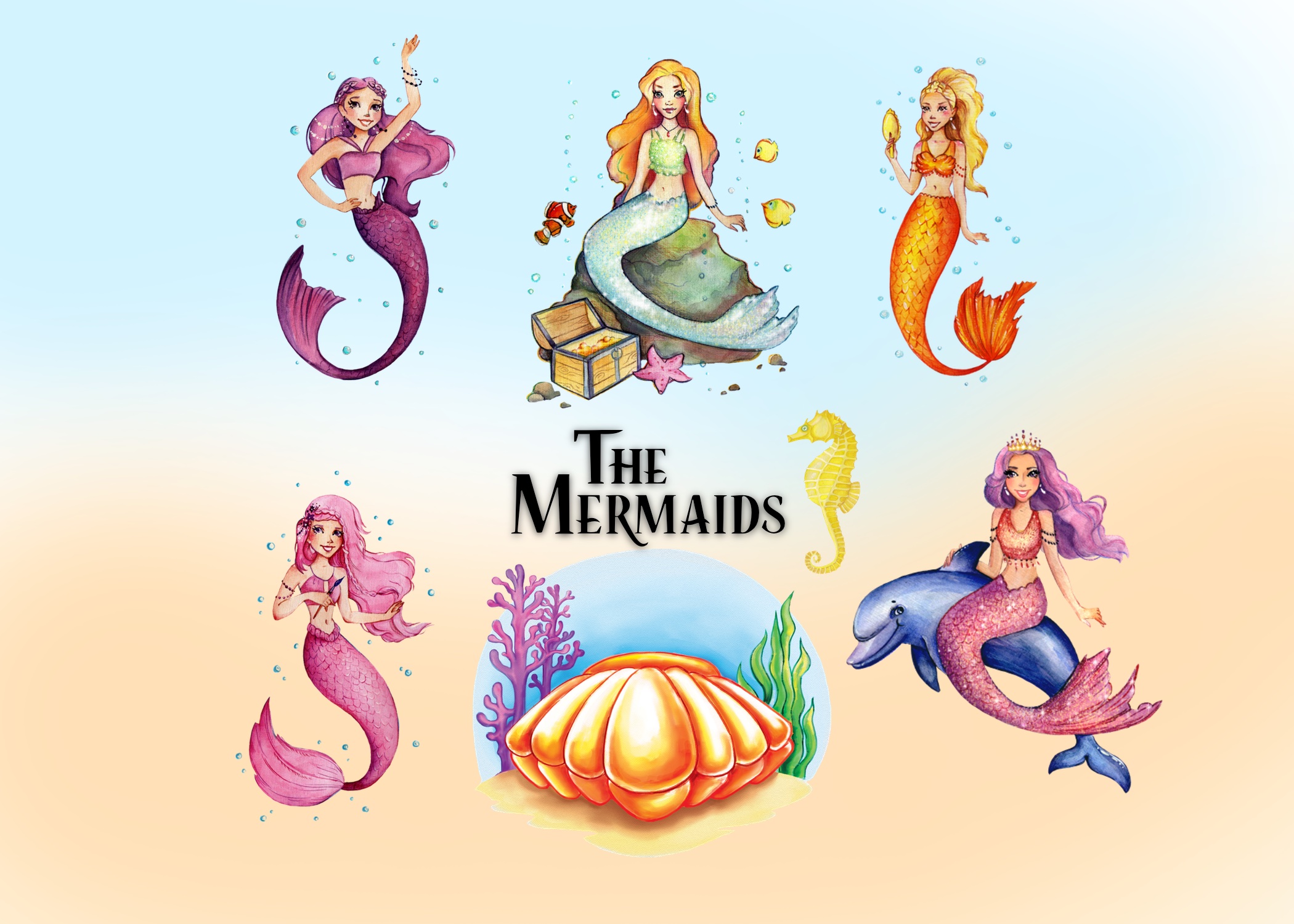 Watercolor Colorful Mermaids by Whimseez