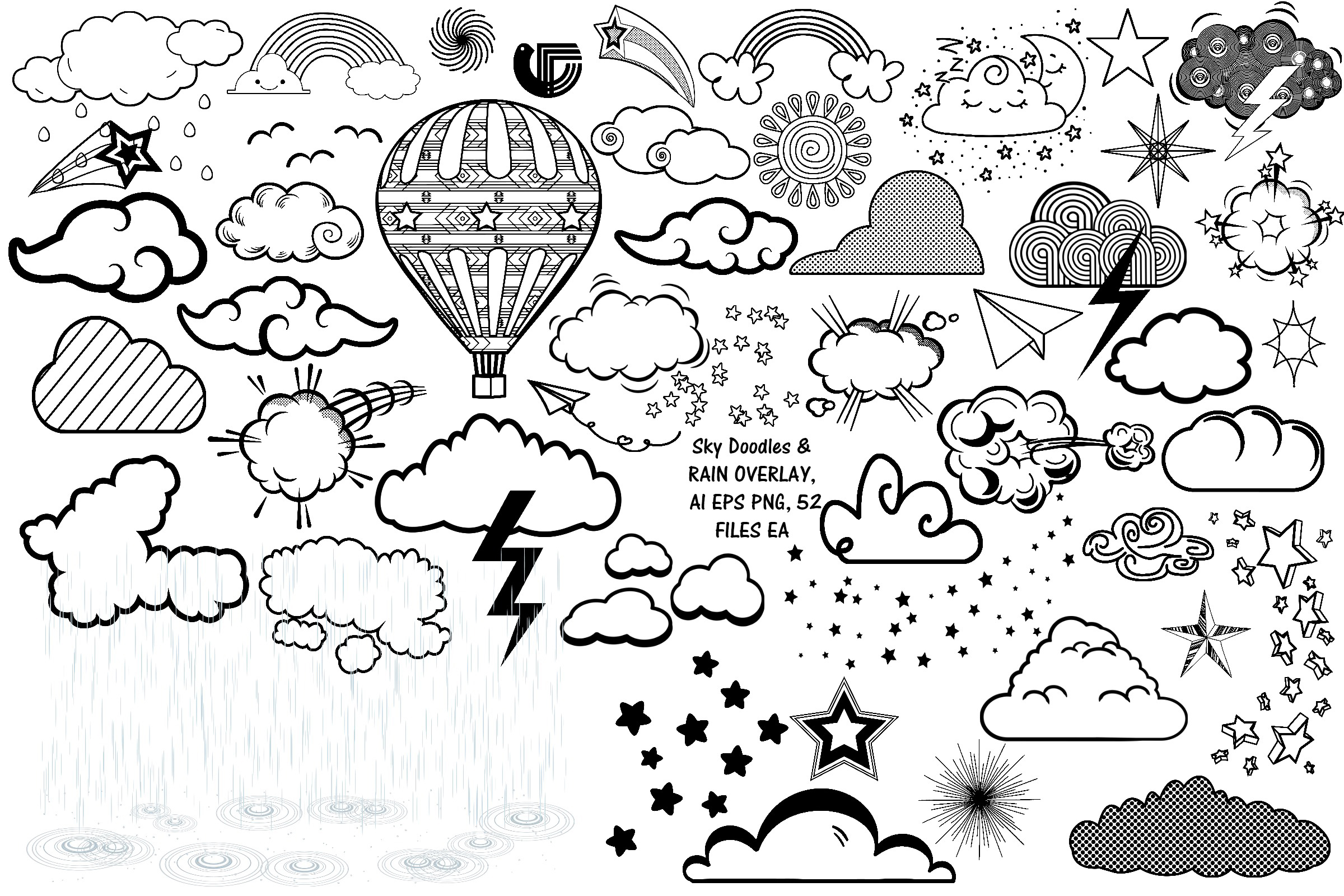 Sky Doodles & Rain Overlay AI EPS PNG (162319) | Illustrations | Design Bundles