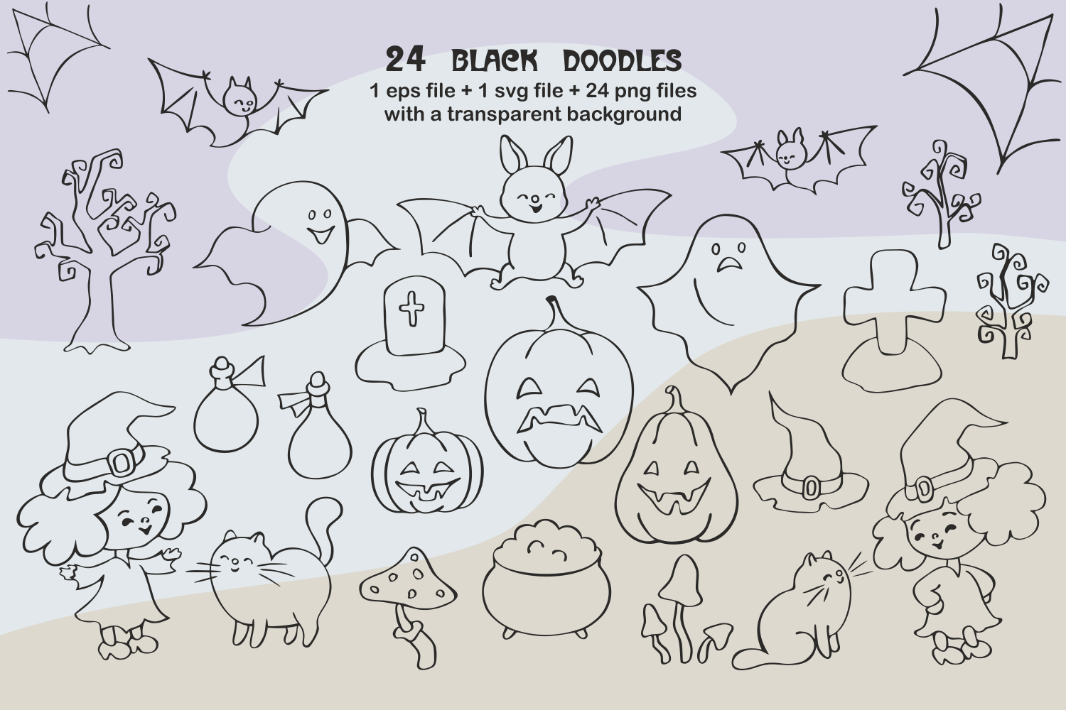 Halloween doodles set. Vector cliparts and seamless patterns