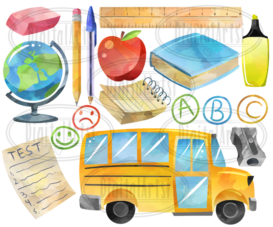 Watercolor School Supplies Clipart