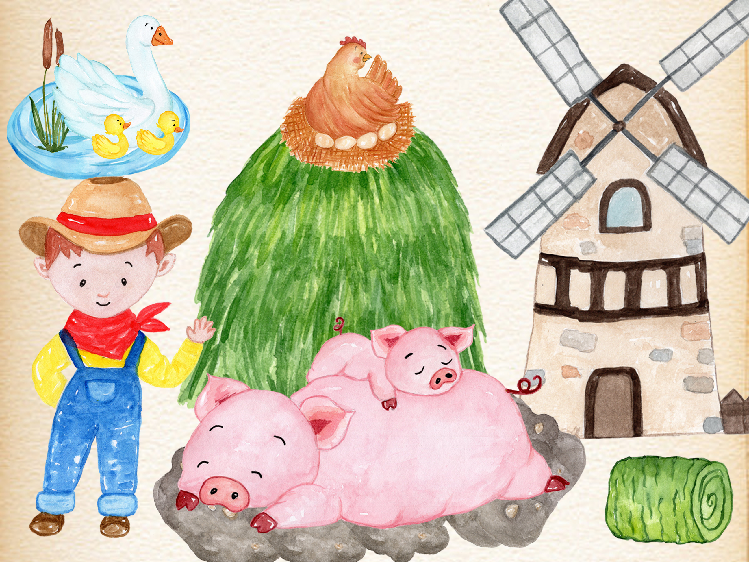Watercolor Farm Animals Clipart