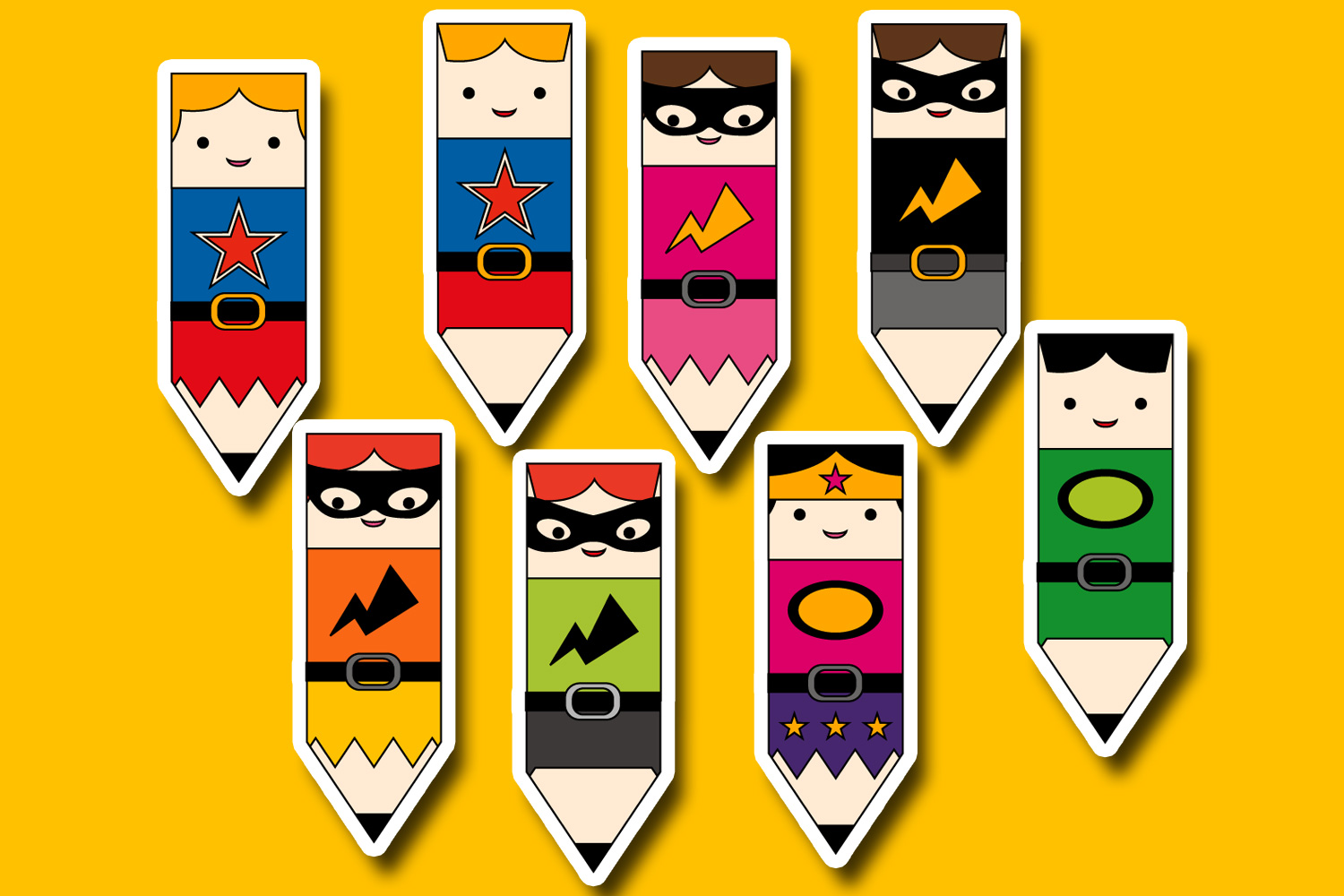 Superhero character pencils clipart, back to school graphics