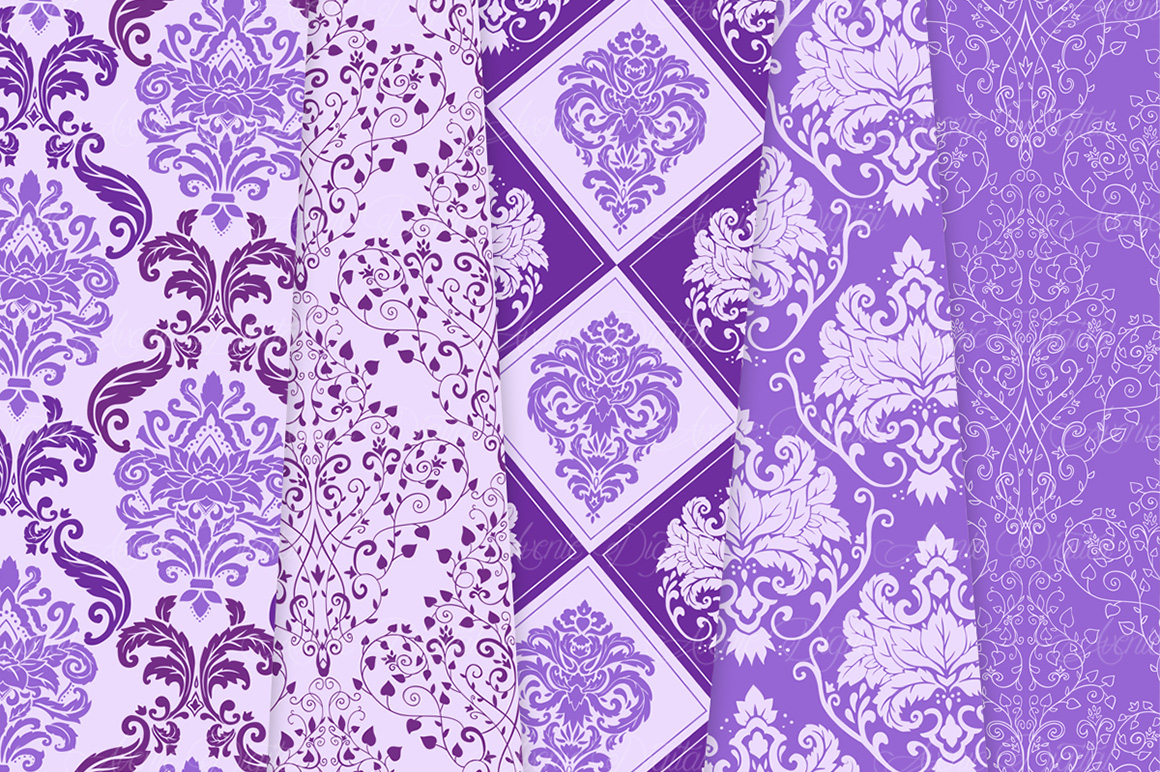 28 Purple Damask Patterns - Seamless Digital Papers Bundle