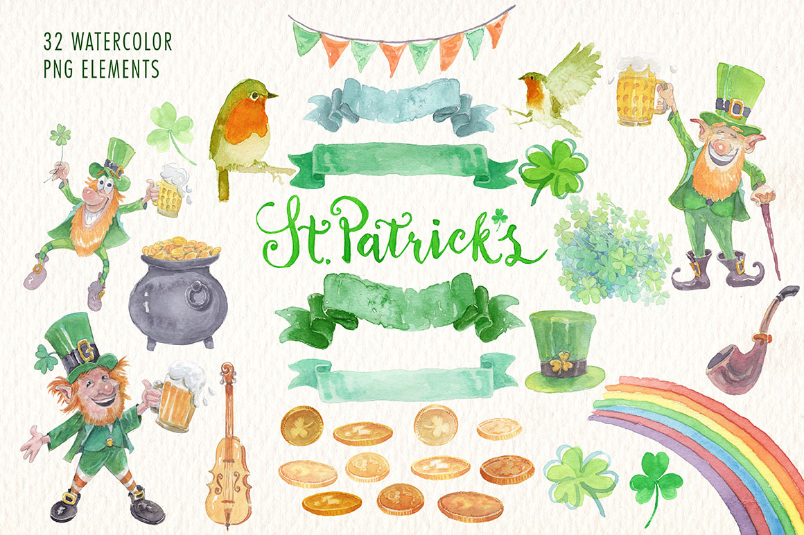 St Patrick's Day Watercolor Clipart Set