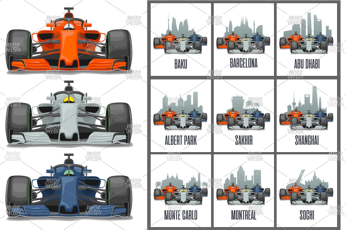 Set Grand Prix and race. Formula one Vector flat icons