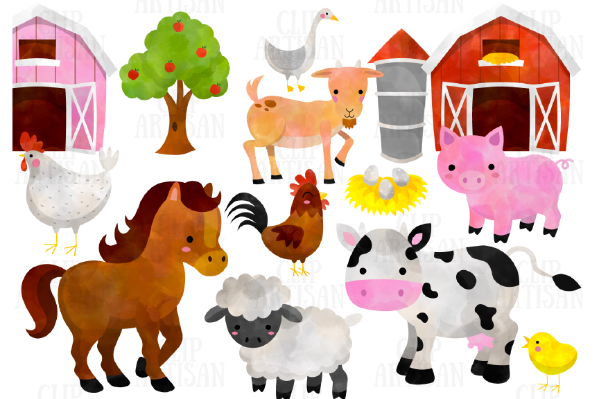 Watercolor Farm Animals Clipart, Watercolor Horse, Chicken