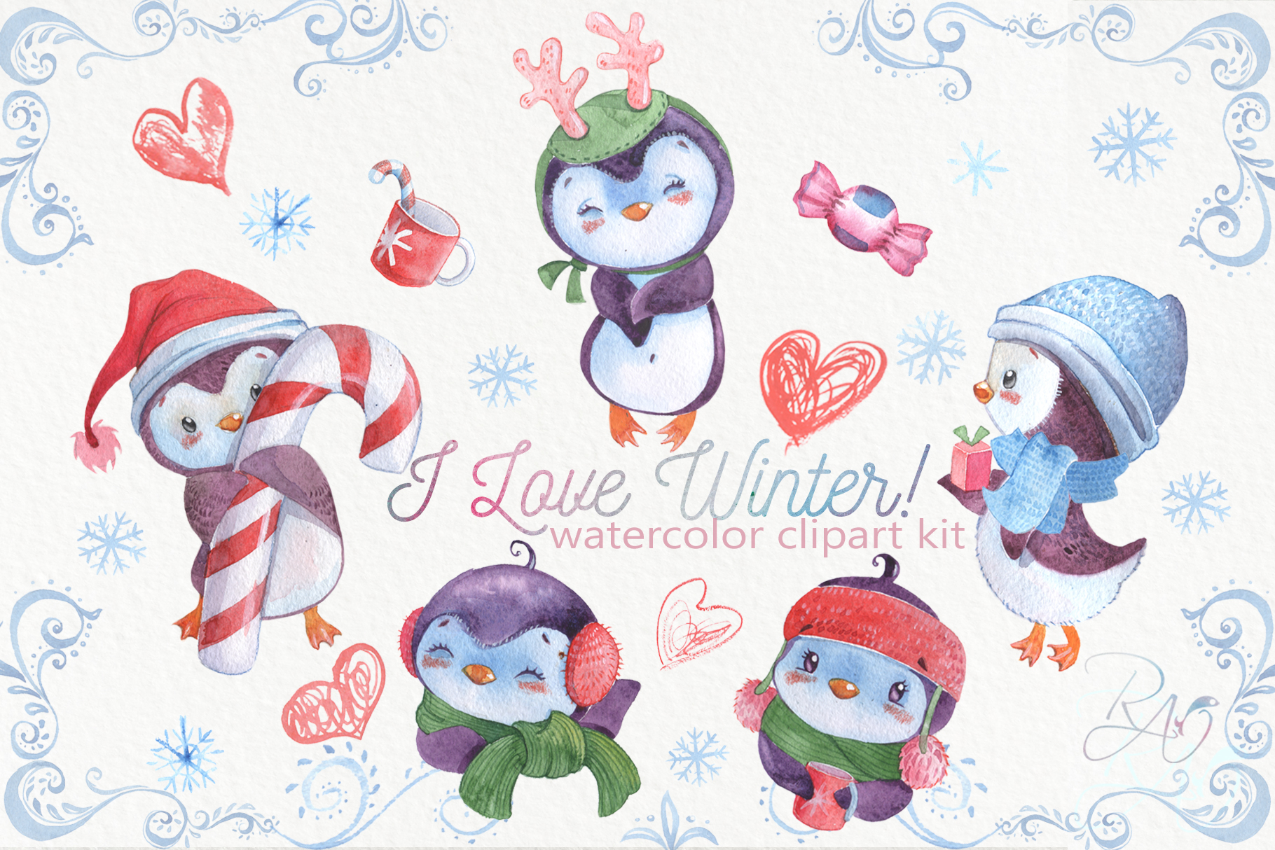 Cute watercolor Christmas penguins clipart