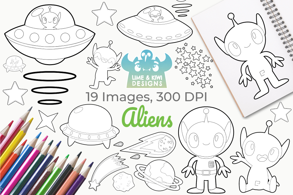 Aliens Digital Stamps, Instant Download Vector Art