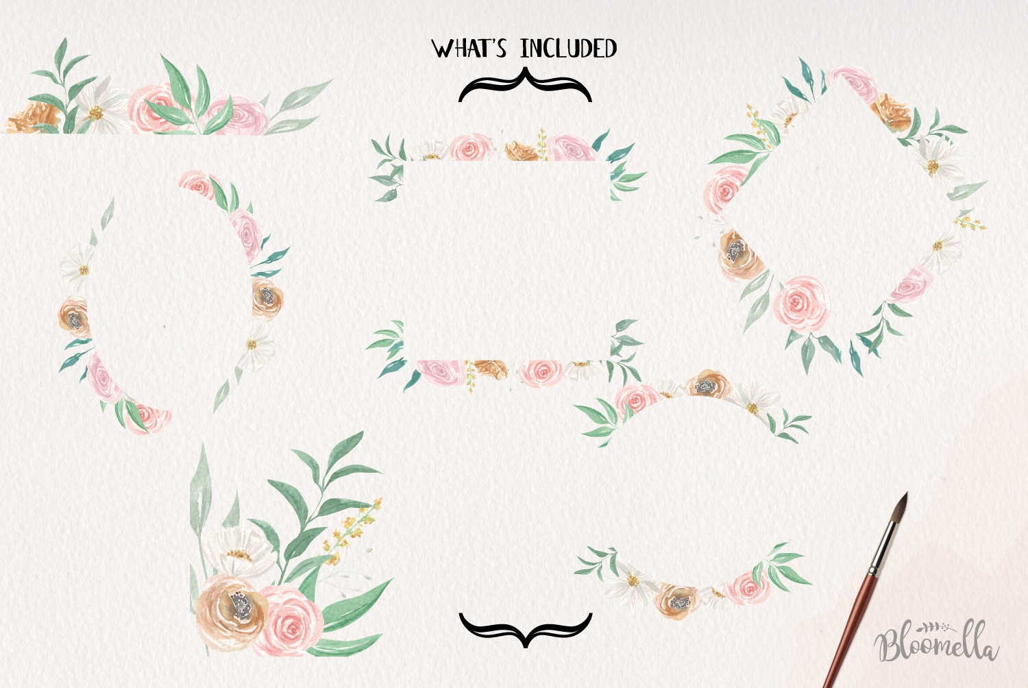 Mustard Watercolor 6 Frames Set Flowers Borders Pink Daisy