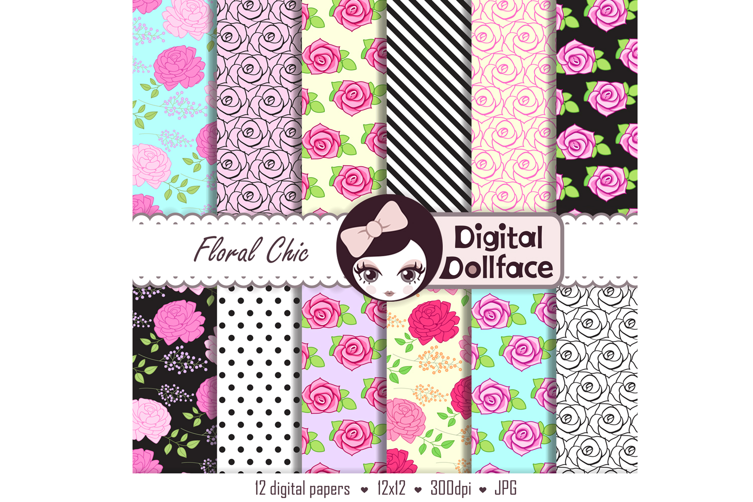 Girly, Floral Chic Backgrounds / Vintage Roses Digital Paper