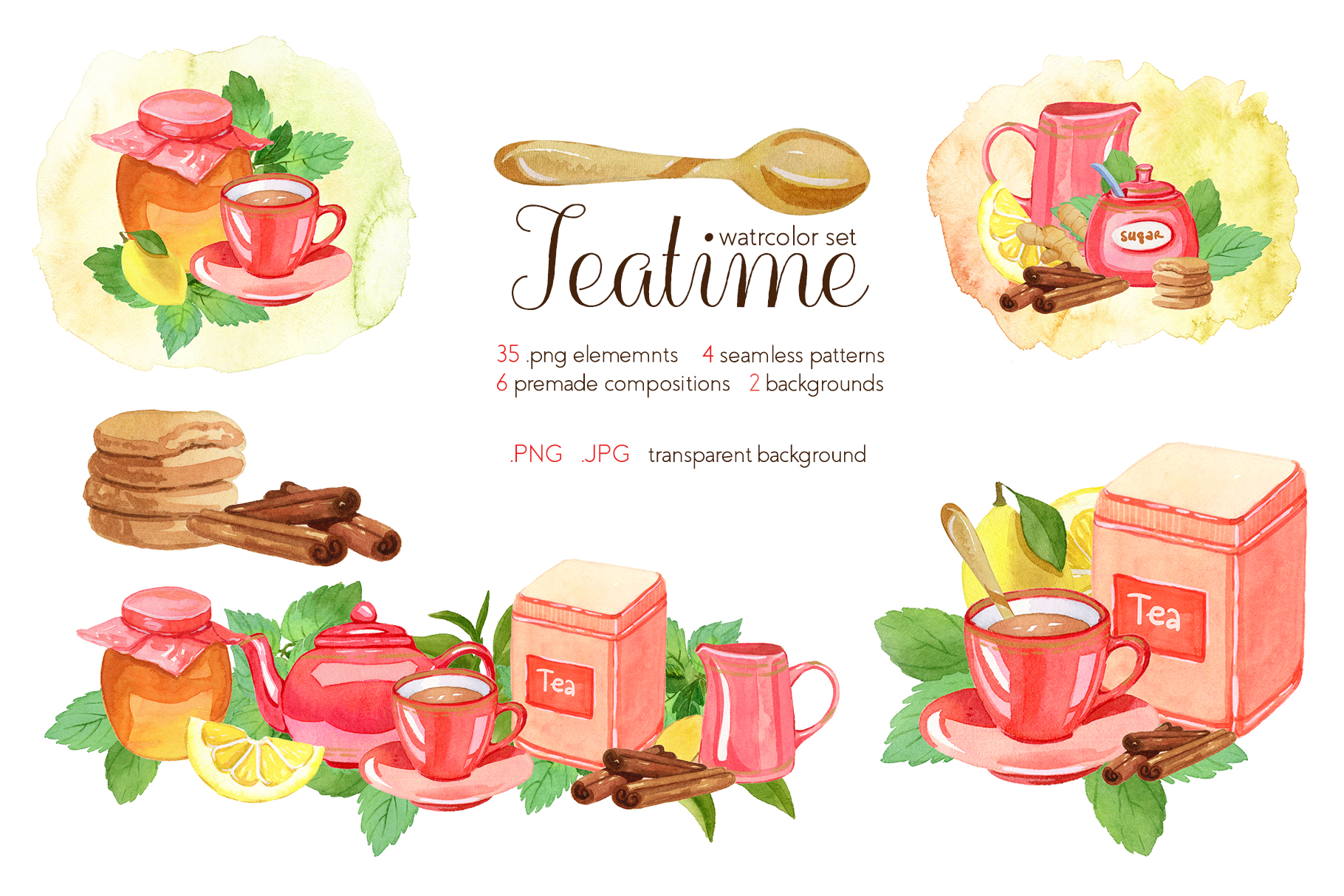 Watercolor Teatime Clipart Collection (179017) | Illustrations | Design ...