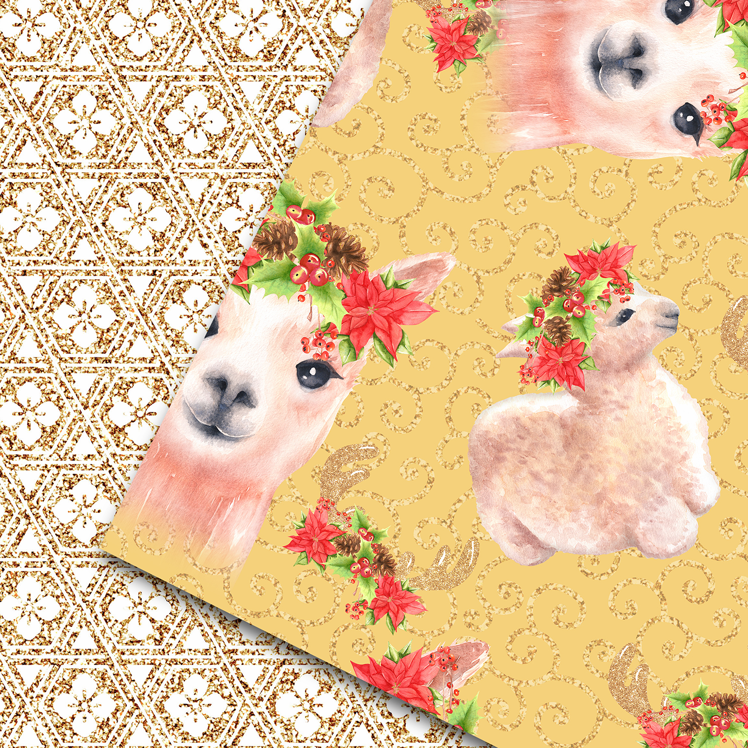 Christmas llama digital paper pack