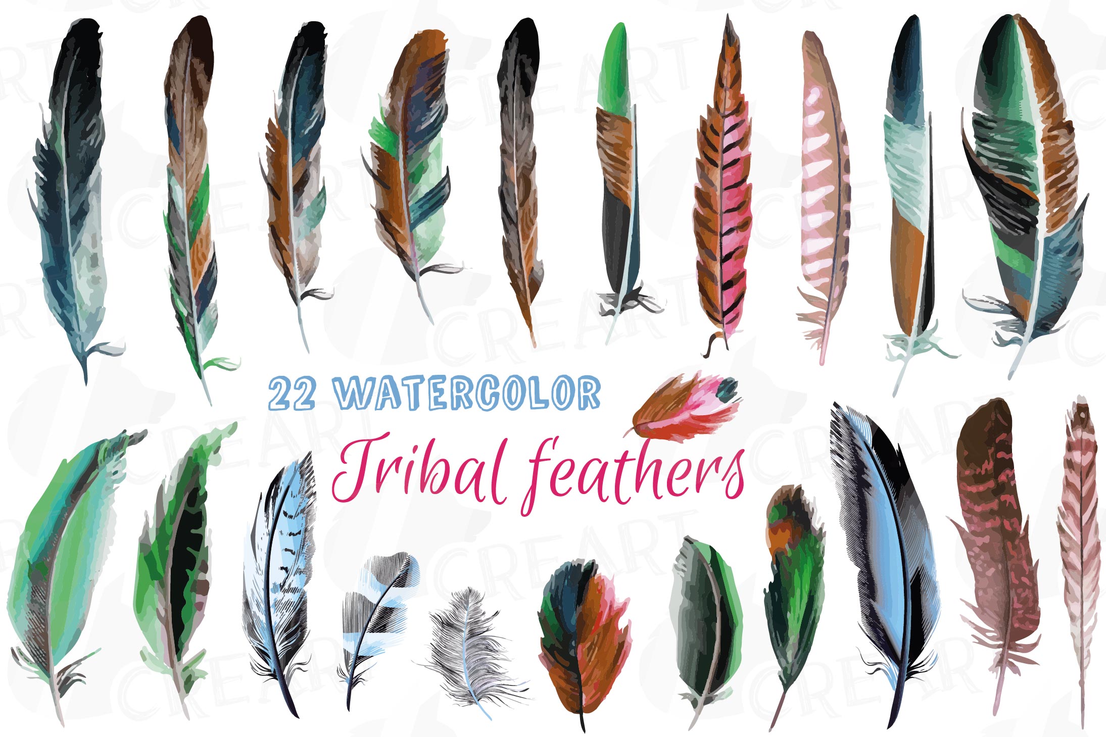 Watercolor tribal feathers clip art, colorful Boho feathers