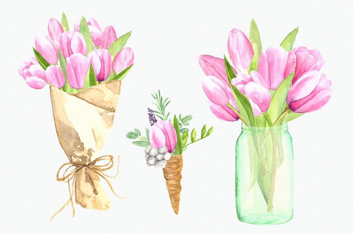 Watercolor Pink Tulips Clip art Set (52949) | Illustrations | Design ...