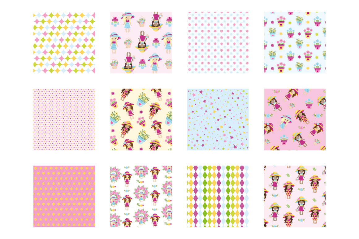 Spring Flower Girls patterns, vector patterns, backgrounds