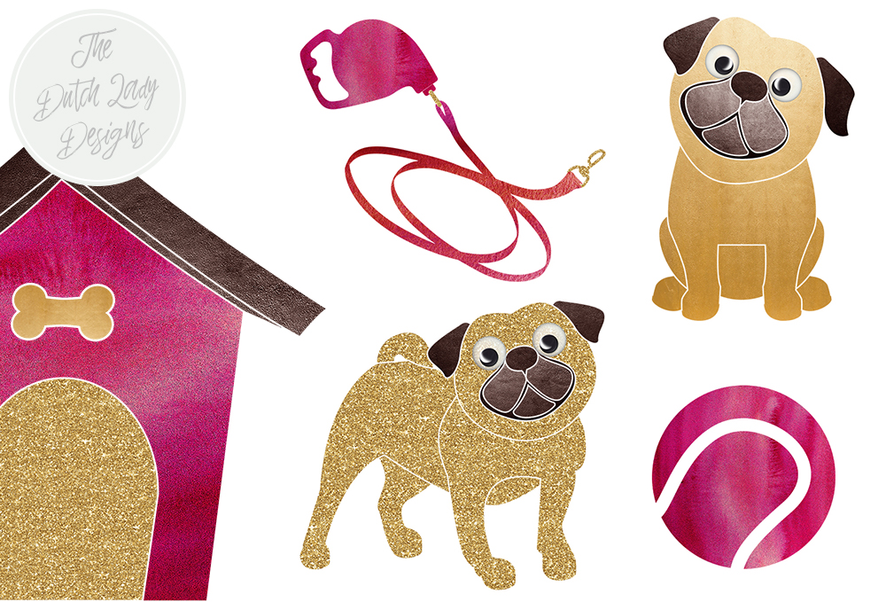 Pug & Dog Accessories Clipart Set (66807) | Illustrations | Design Bundles