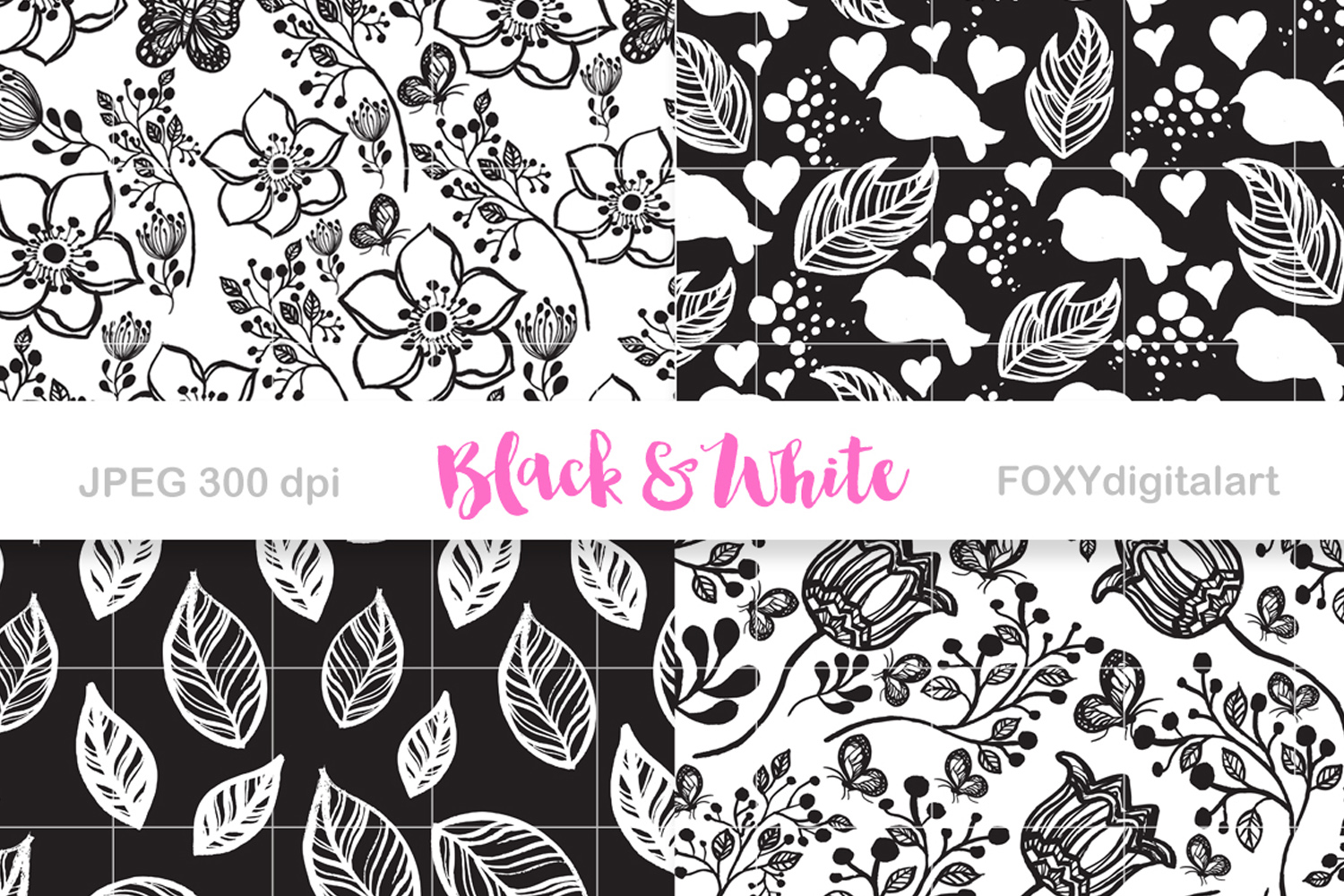 Digital paper black and white scrapbook floral background