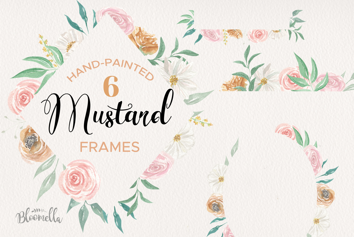 Mustard Watercolor 6 Frames Set Flowers Borders Pink Daisy