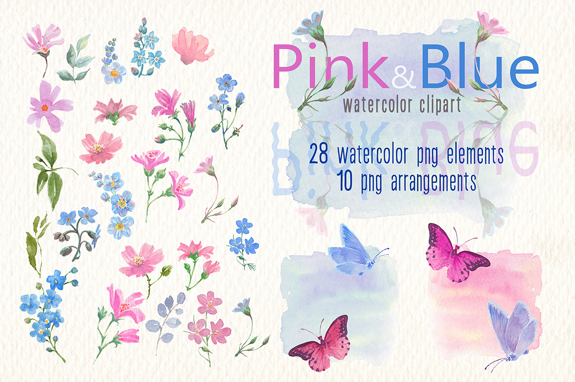pink and blue Watercolor flowers (129016) | Illustrations | Design Bundles