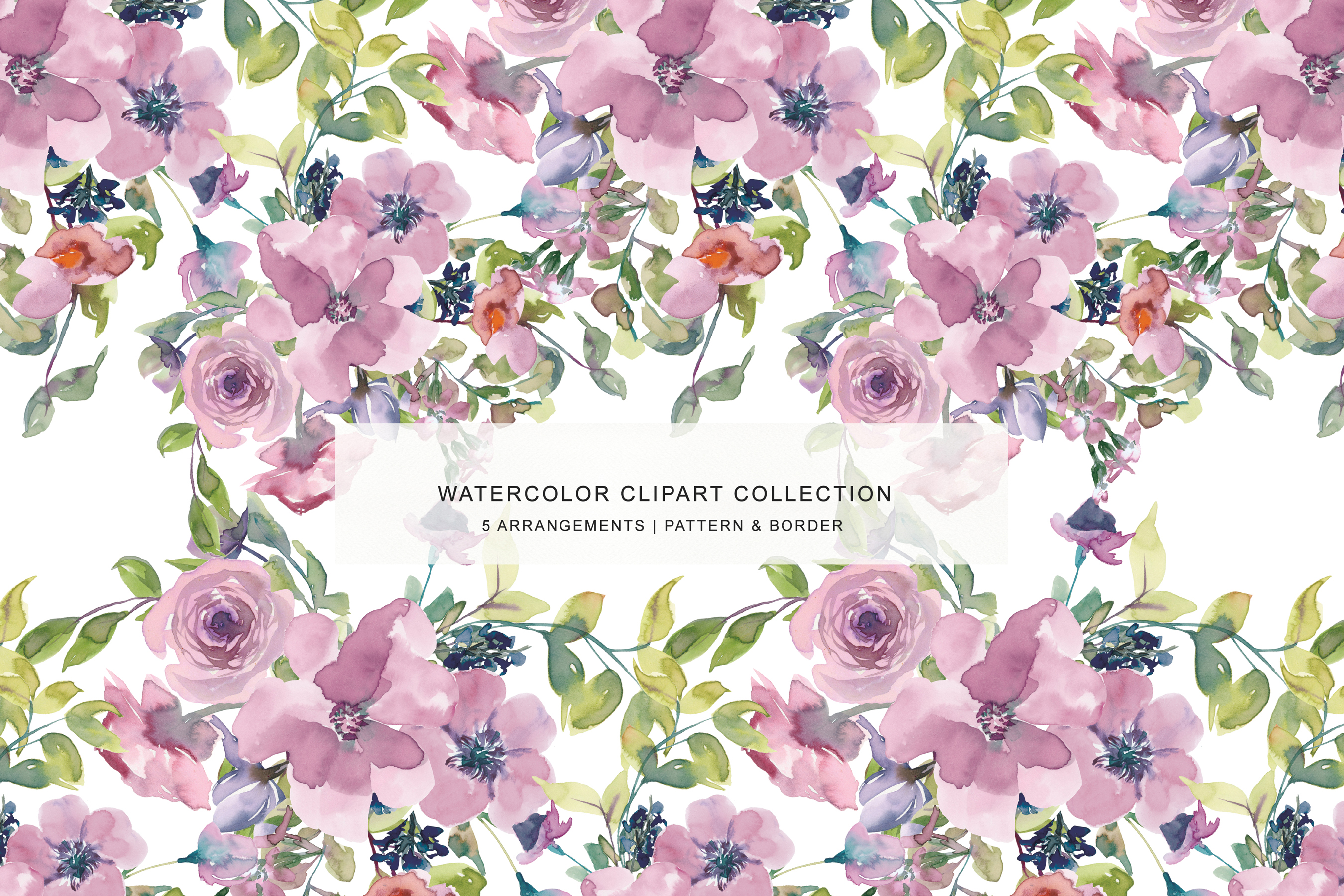 Watercolor Mauve Rose Clipart Pattern and Border