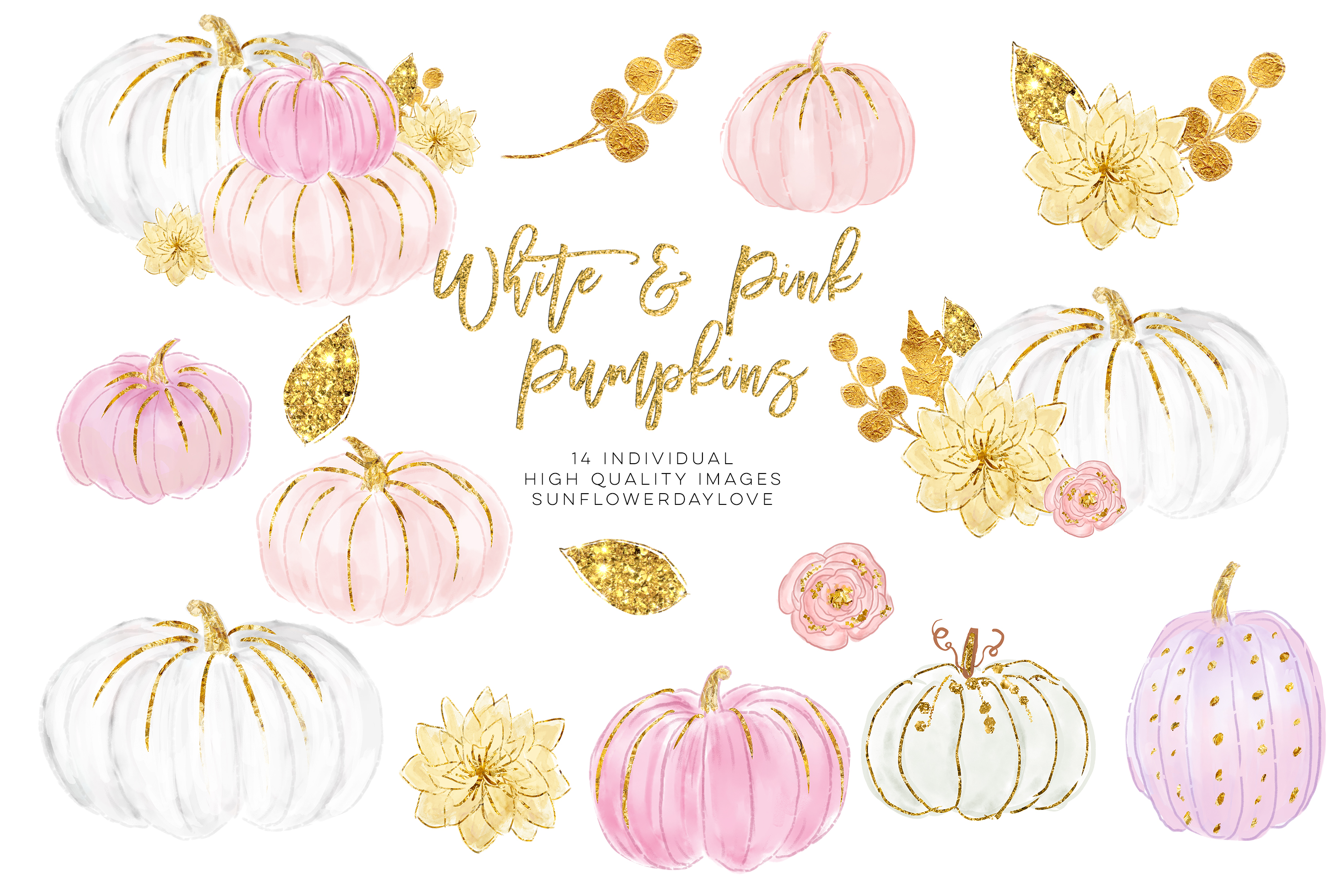 White and Pink Pumpkins, Watercolor Pastel Pumpkins