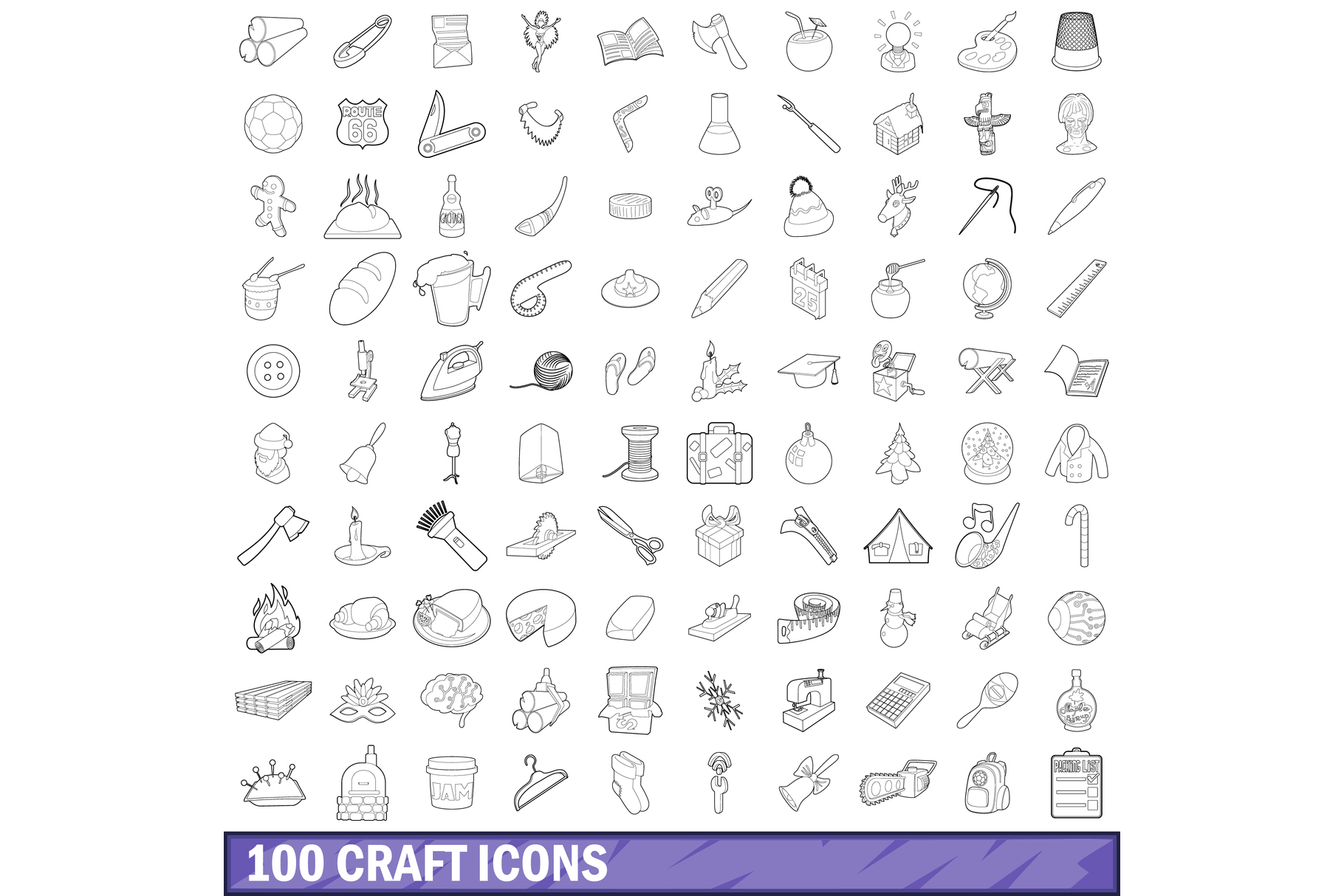 100 craft icons set, outline style