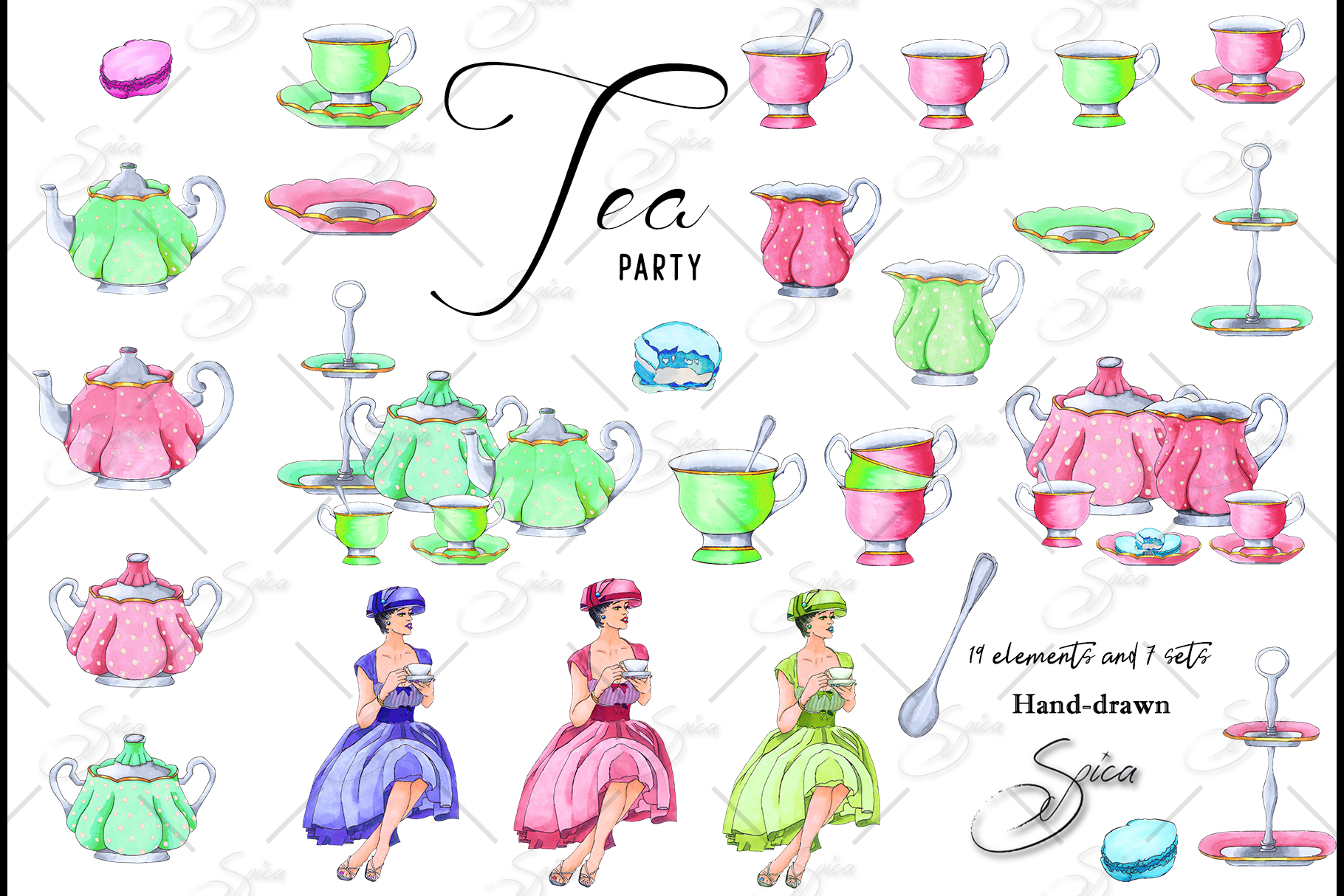 Tea party. Hand painted clip art (82402) | Illustrations | Design Bundles